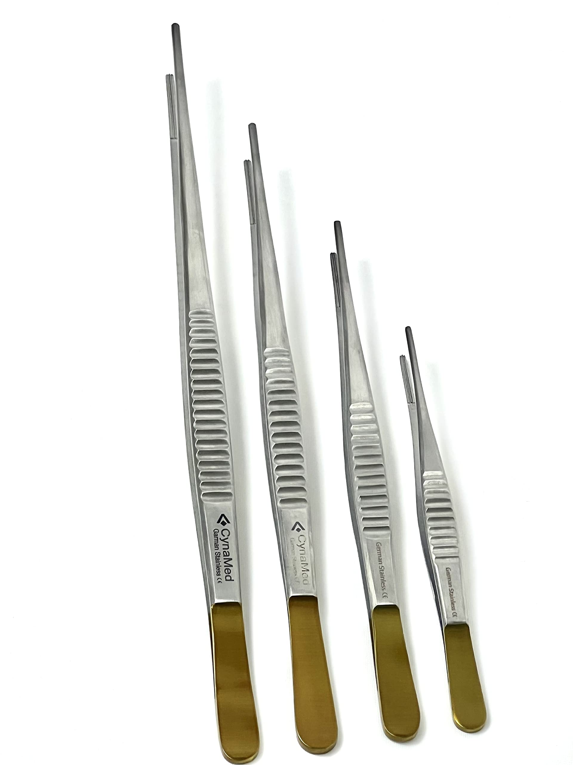 German Set of 4 Each Debakey Forceps Serrated Narrow Tips for Atraumatic Veterinary Microscopy Dissection Comes in Gold Handle 6”+8”+10”+12”