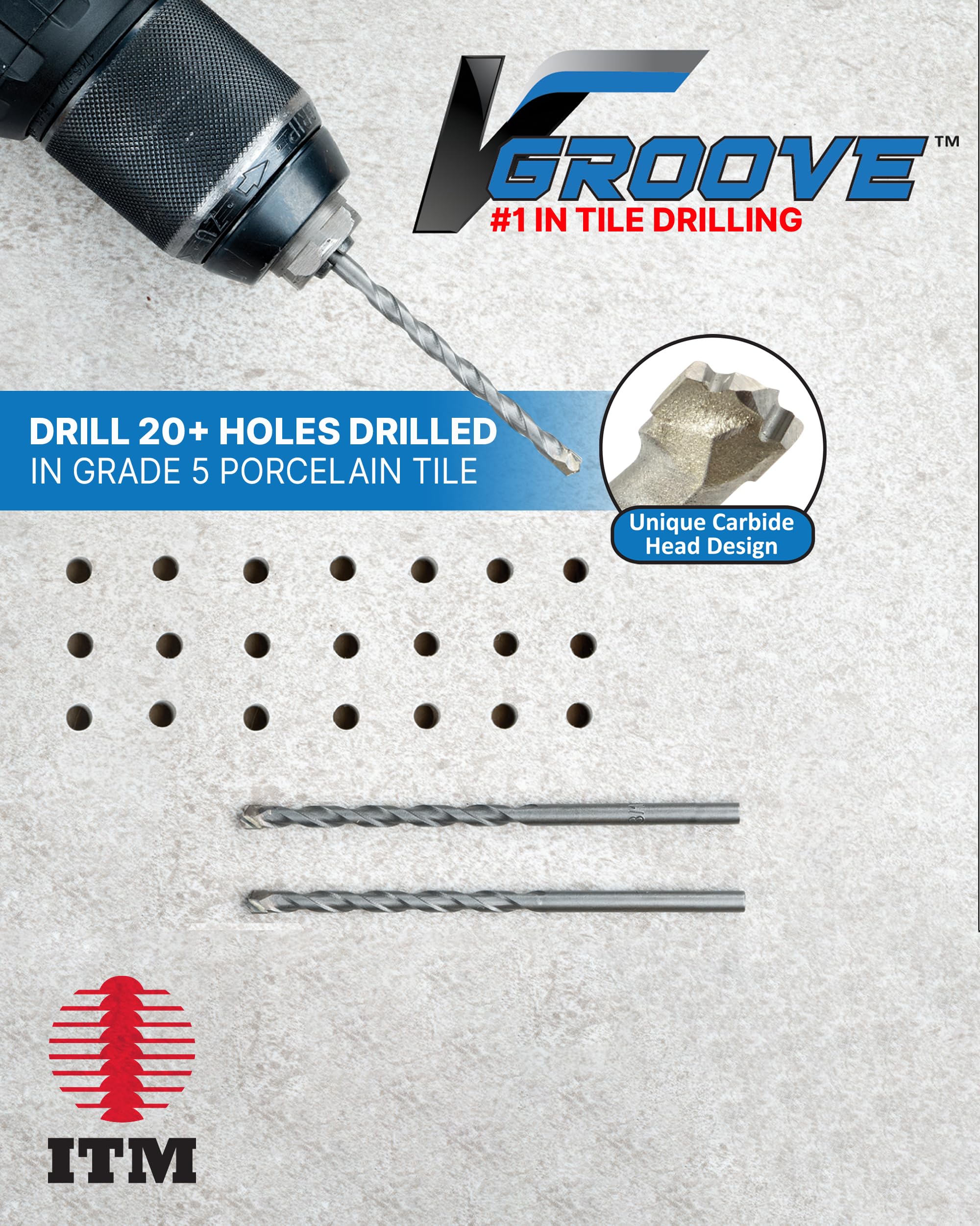 ITM V-GROOVE - VG-4002B - 3/16" X 4" - 25 Pack - Porcelain Tile Drill Bits - Carbide Tipped Drill Bits for Porcelain, Ceramic, Marble, Stone and Glass Tile