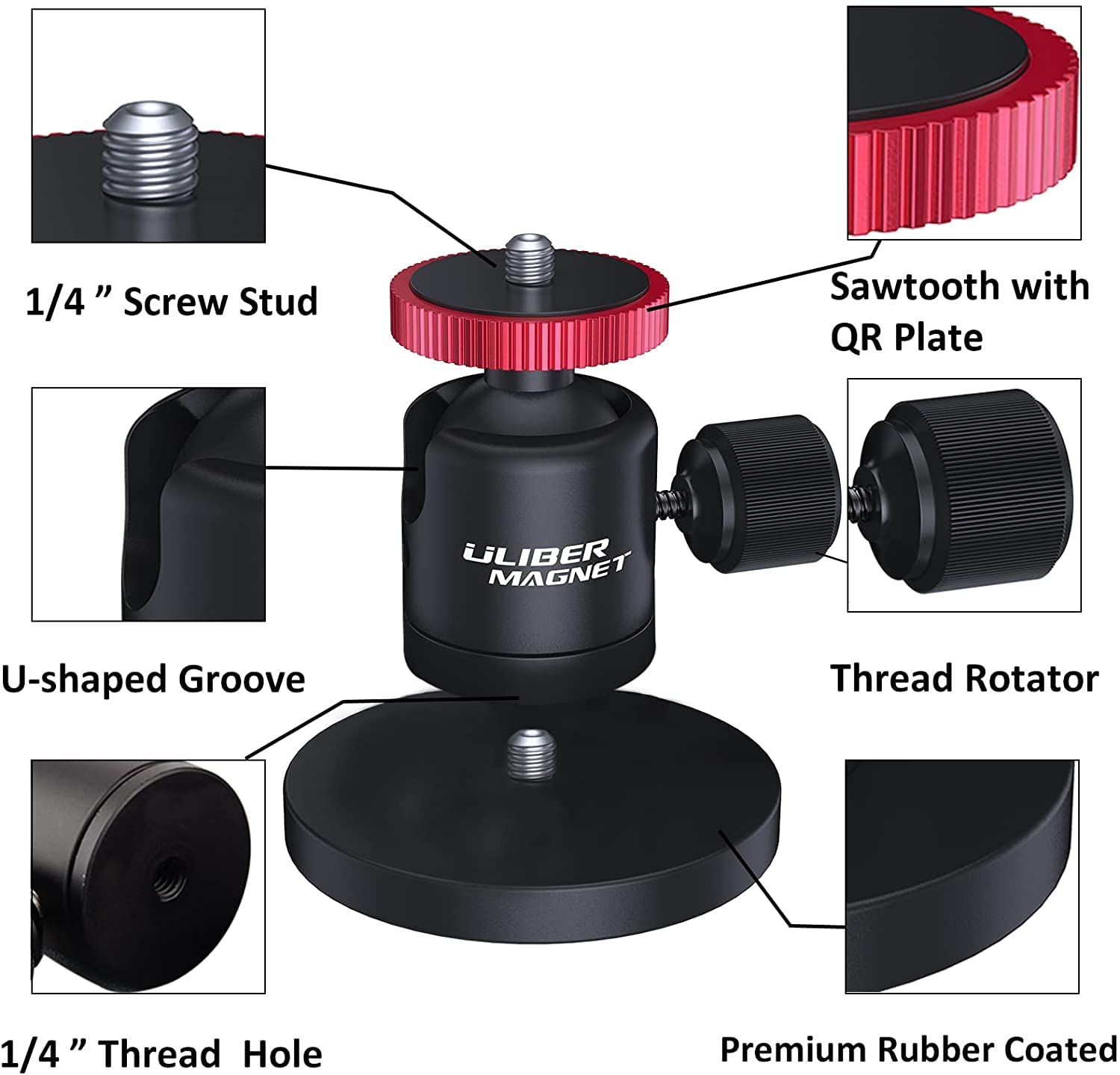 ULIBERMAGNET 60lb Magnetic Camera Mounting Base with Mini Ball Head, Super Strong Rubber Coating Neodymium Magnet with 1/4ββ-20 Male Thread Stud for Mobile Camera, Security Camera.