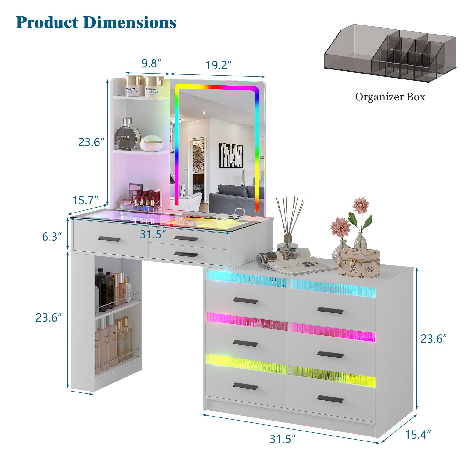 WOOVIVS Vanity Desk with Lights and Sliding Vanity Mirror, Makeup Vanity Desk with Charging Station, Vanities Dressing Table with Stool, LED Vanity Set with Large Drawers&Shelves for Bedroom, Grey