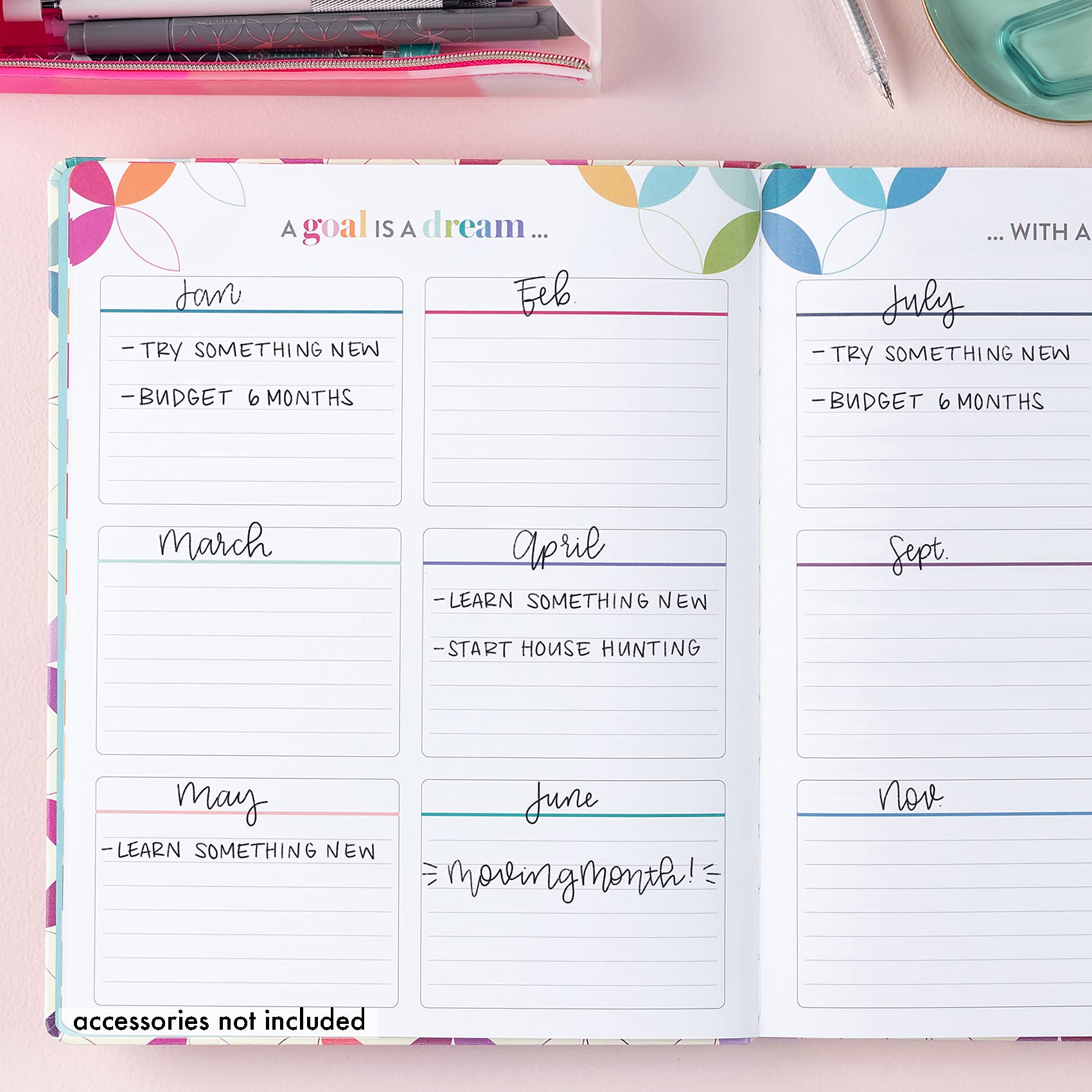 8” x 10” 12 Month Soft Bound Life Planner ( Jan 2022 – Dec 2022 ) – Colorful Mid Century Circles Cover + Mid Century Circles Interior Pages. Vertical Weekly and Monthly Agenda by Erin Condren