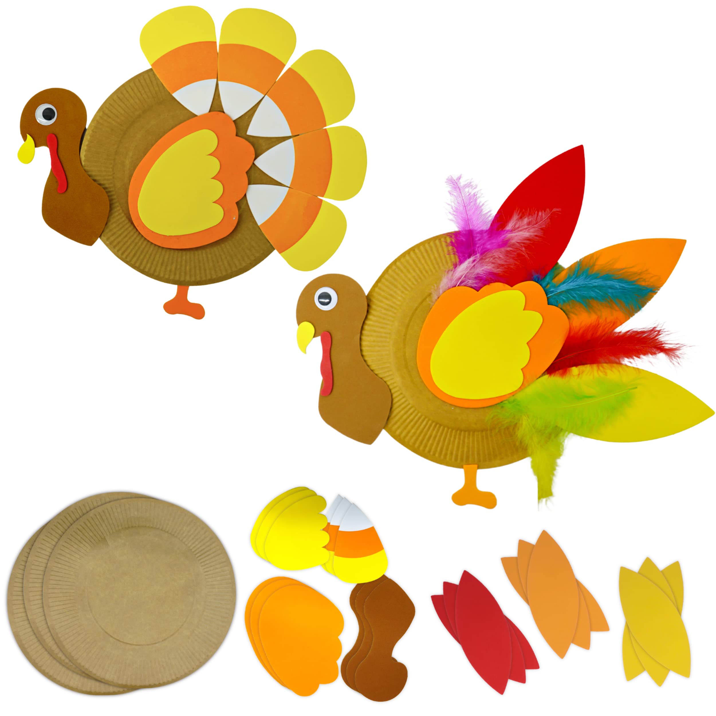 4E's Novelty Turkey Plate Craft for Kids (12 Pack) 2 Styles, Self Adhesive, Fall Thanksgiving Crafts for Kids & Toddlers Ages 4-8, 3-12 Fun Thanksgiving Activity & Dinner Game