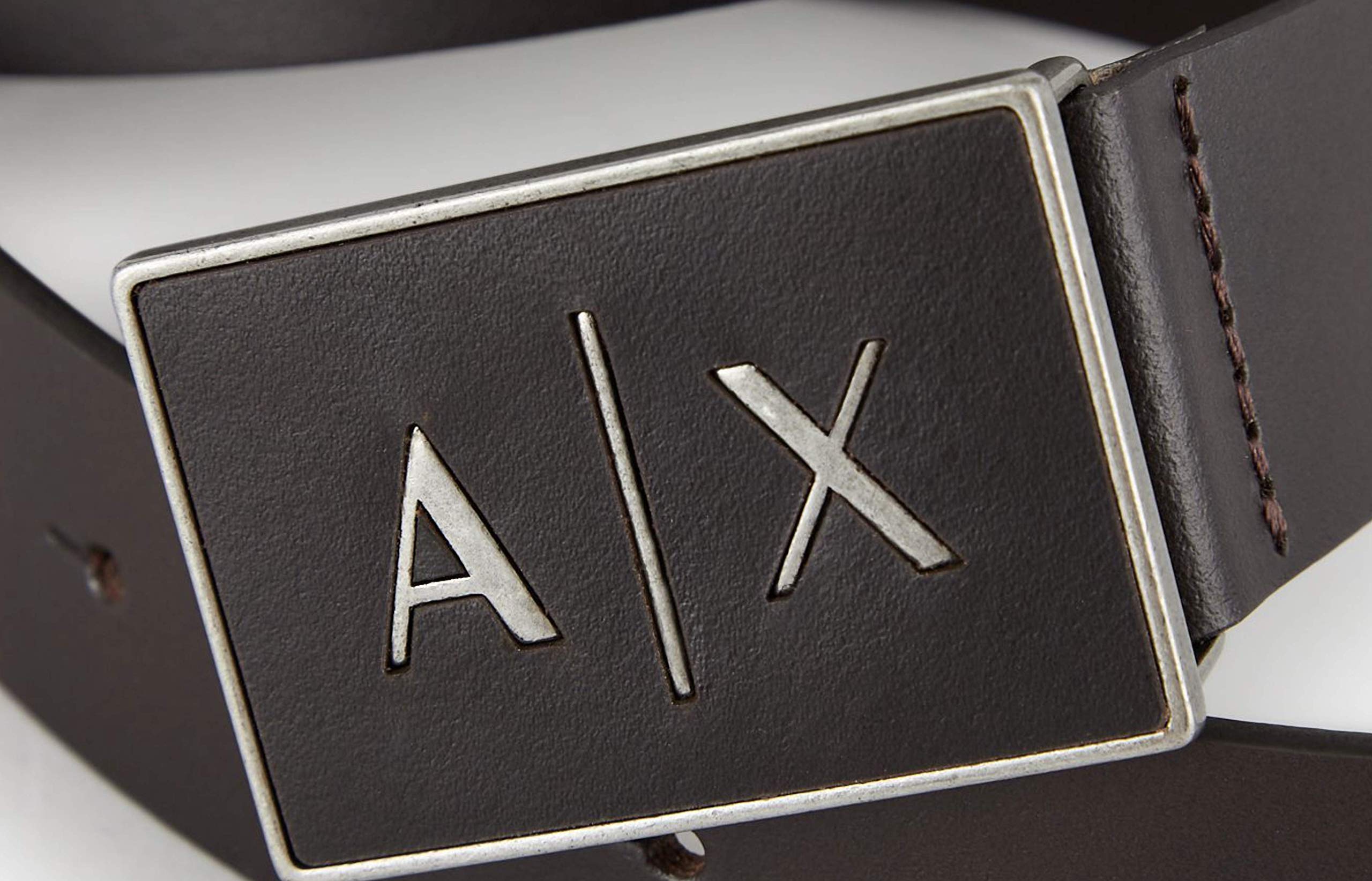 A|X Armani Exchange Men's Rectanguar Logo Plaque Belt, Dark Brown, 32