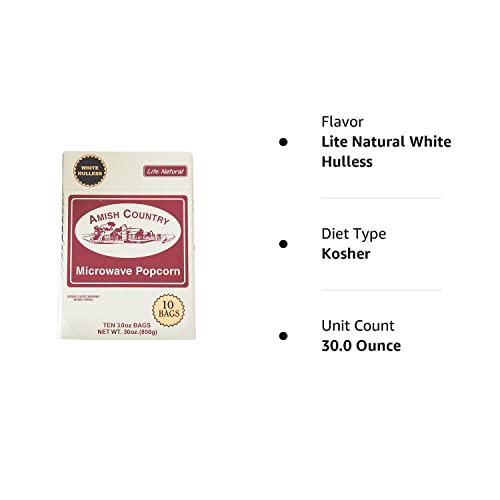 Amish Country Popcorn | Old Fashioned Microwave Popcorn | 10 Bags Lite Natural White Hulless | Non-GMO, Gluten Free, Microwaveable and Kosher (10 Bags)