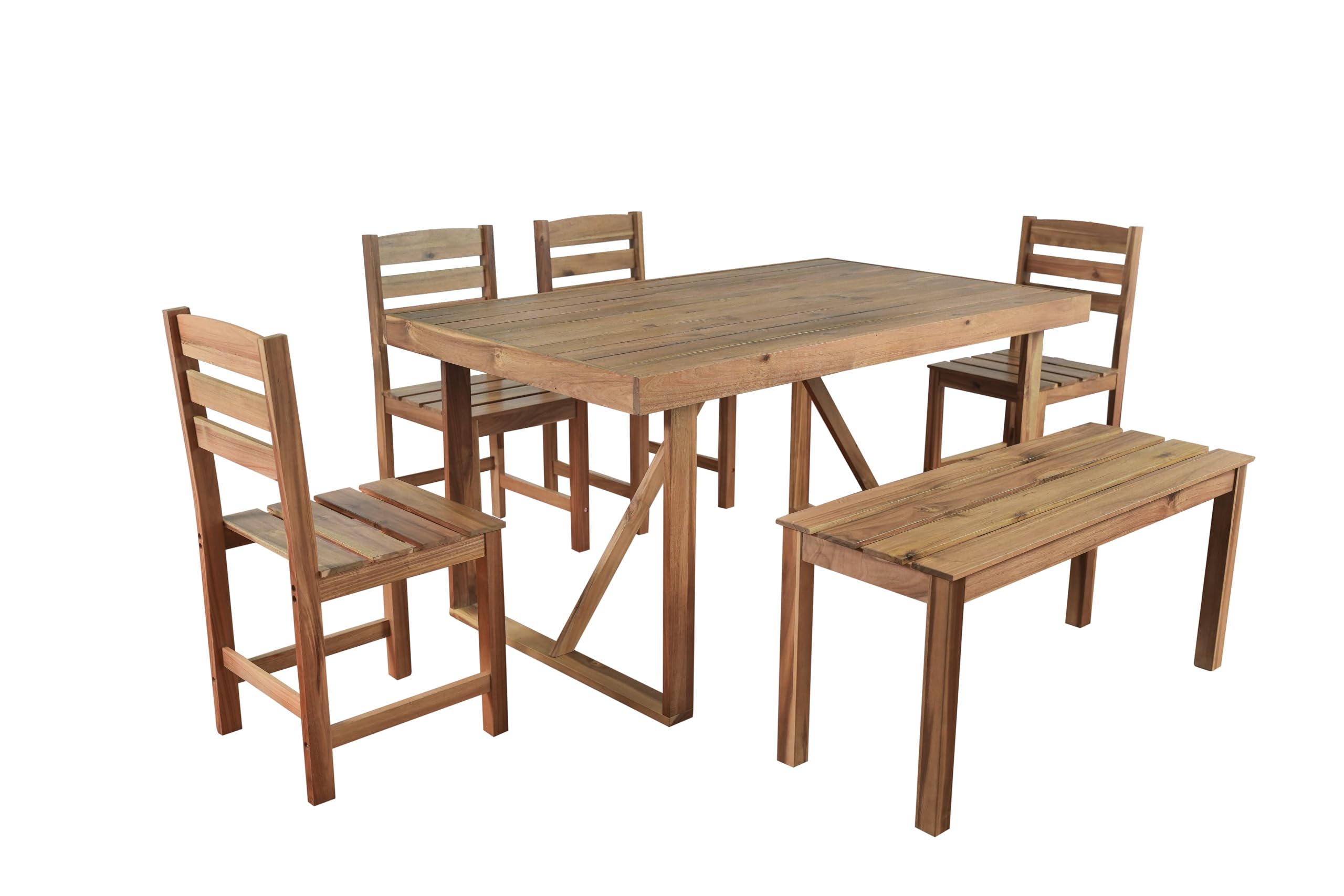 6 Person Outdoor Acacia Wood Dining Table Set, All Weather 6 Pieces Conversation Set, 60'' Rectangle Dining Table with 4 Chairs and Bench for Patio Backyard Garden Poolside Balcony (Natural-26)