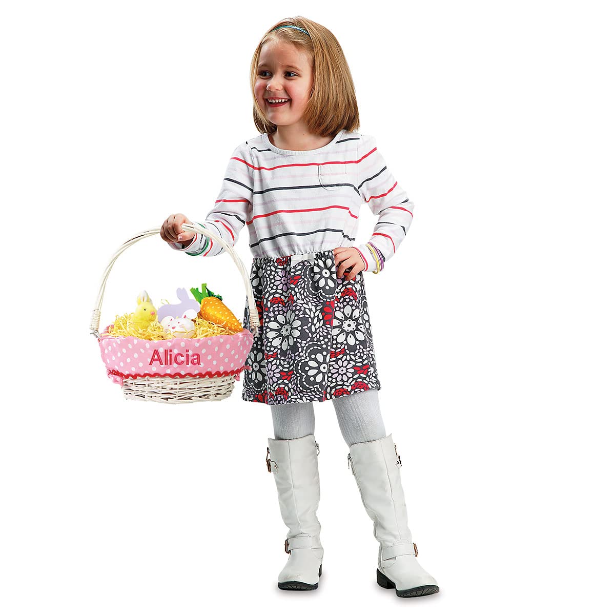 Lillian Vernon Kids Personalized Wicker Easter Basket - Removable Pink Liner With Embroidered Name, For Young Girls & Boys, Baby’s First Egg Hunt, Cute Custom Spring Gifts, 11” x 14”