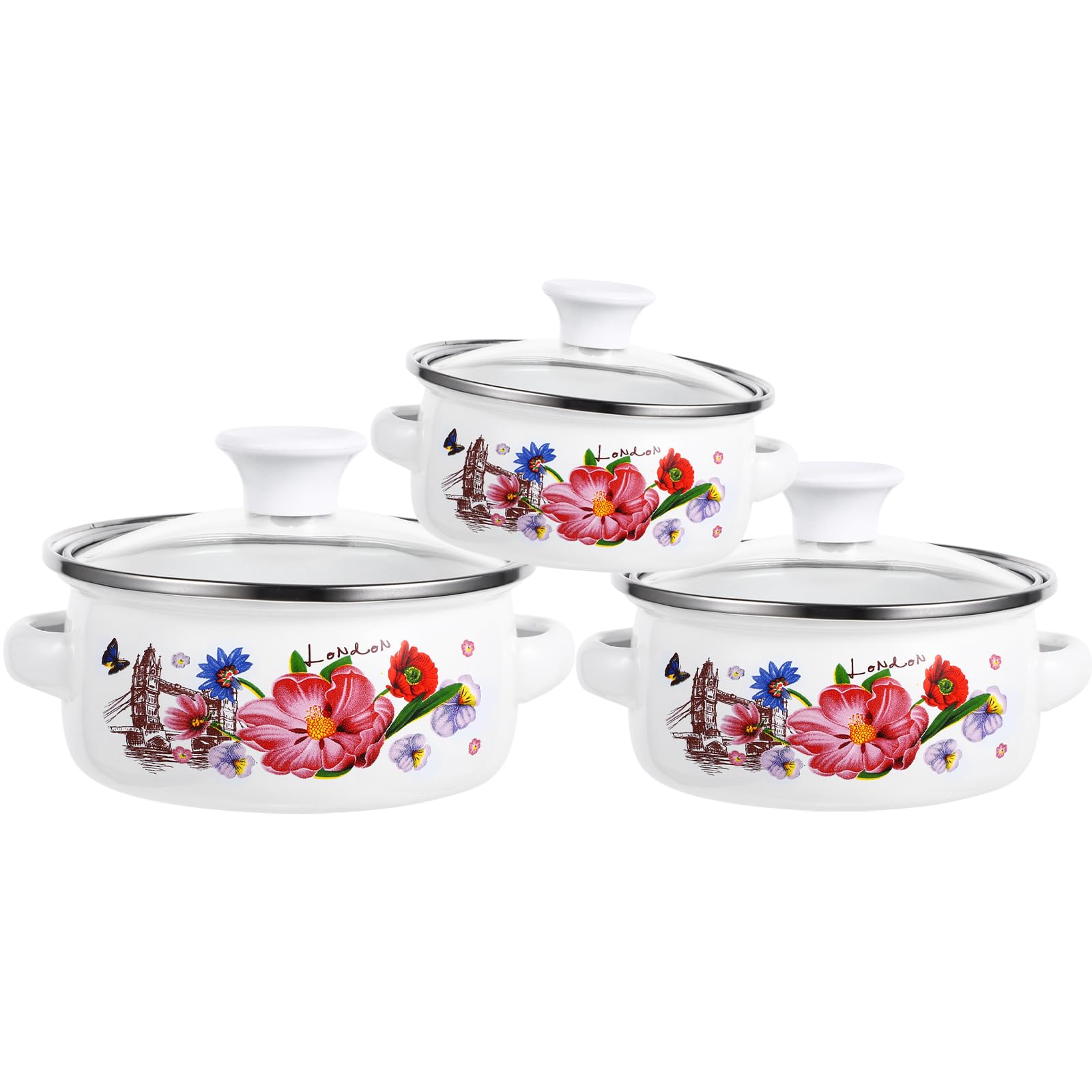 Amosfun Mini Soup Pot Retro Floral Enamelware Pot with Lid - 4.5 Inch 5.5 Inch 8 Inch Assortment Ramen Soup Pot with Handle Ears