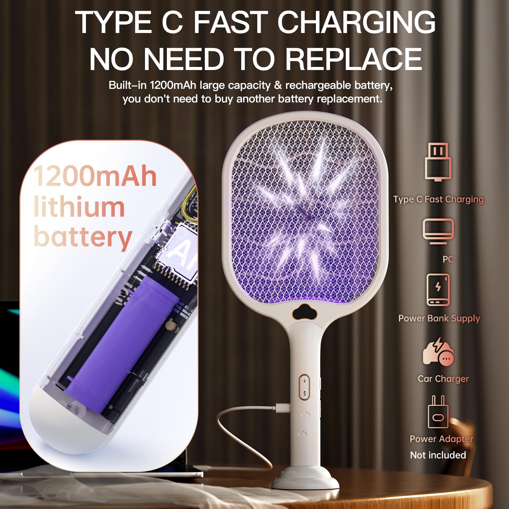Electric Fly Swatter Racket 3500V buzzkick Bug Zapper Racket Dual Modes Mosquito Killer with Purple Mosquito Light Rechargeable for Indoor Home Office Backyard Patio Camping