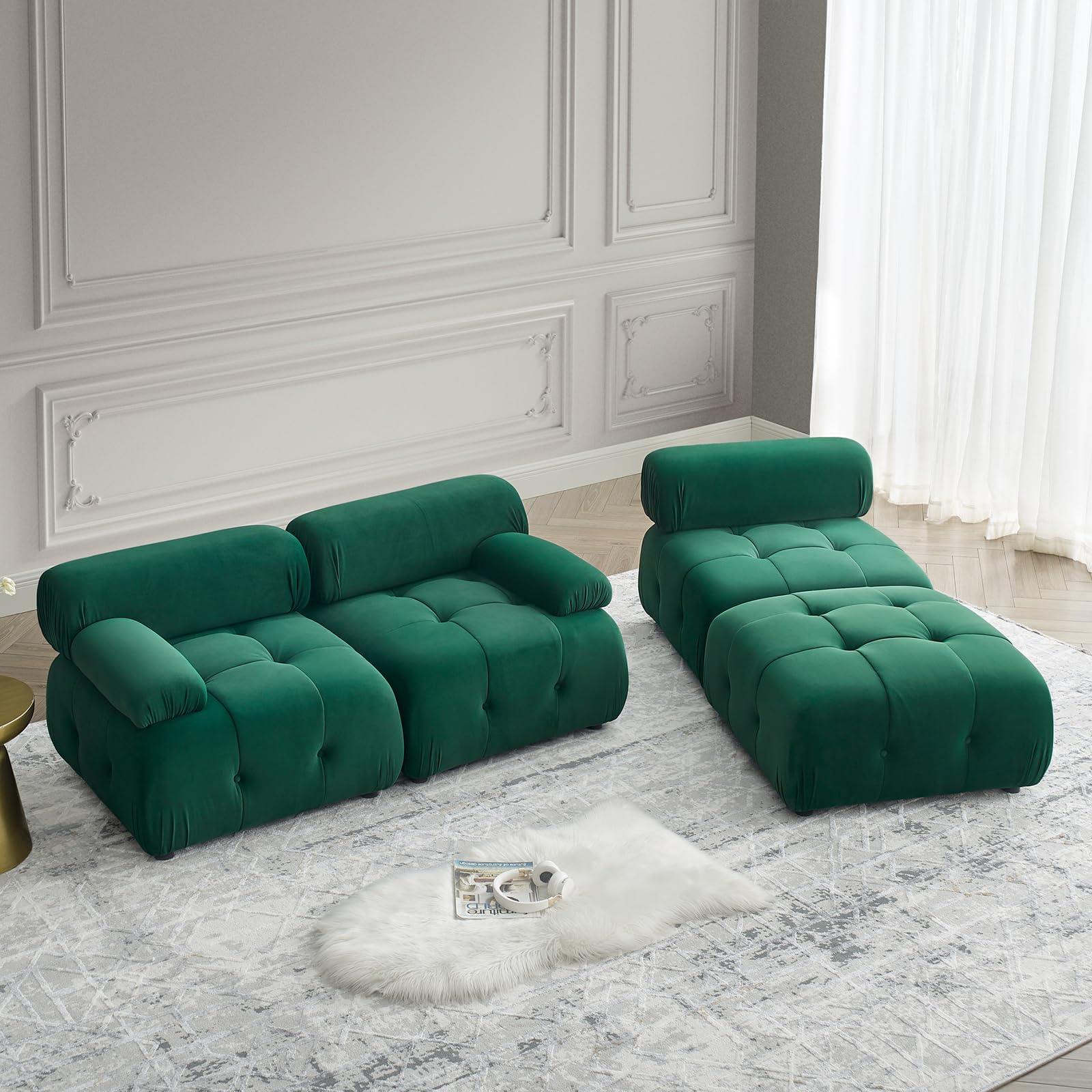 Modular Sectional Sofa, Living Room Couch Button Tufted Designed Cloud Sofa DIY Combination, L Shaped Couch with Reversible Ottoman, Beige Velvet