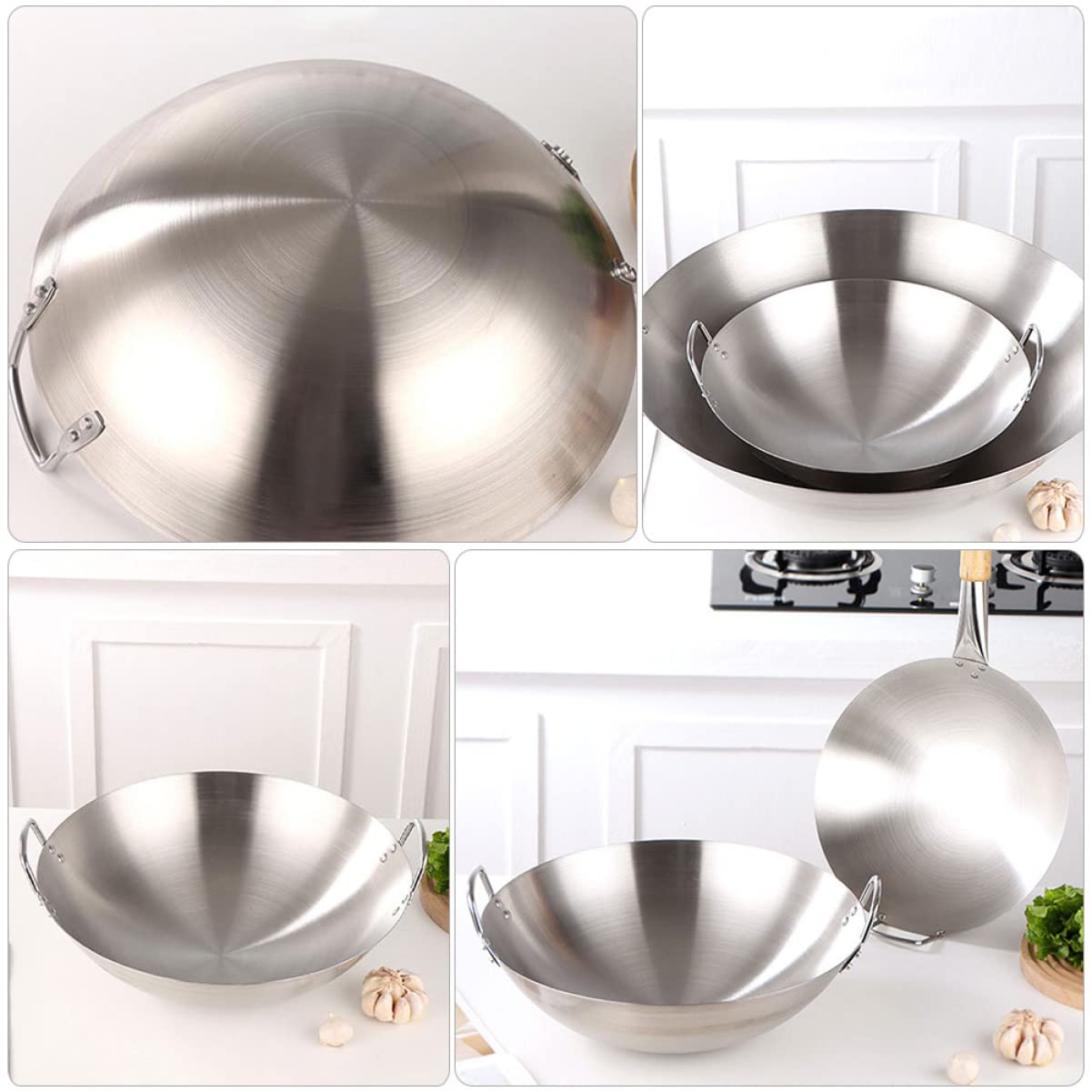 Alipis Camping Cooking Pot Stainless Steel Wok Round Bottom Outdoor Pot Woks Stir-fry Pans