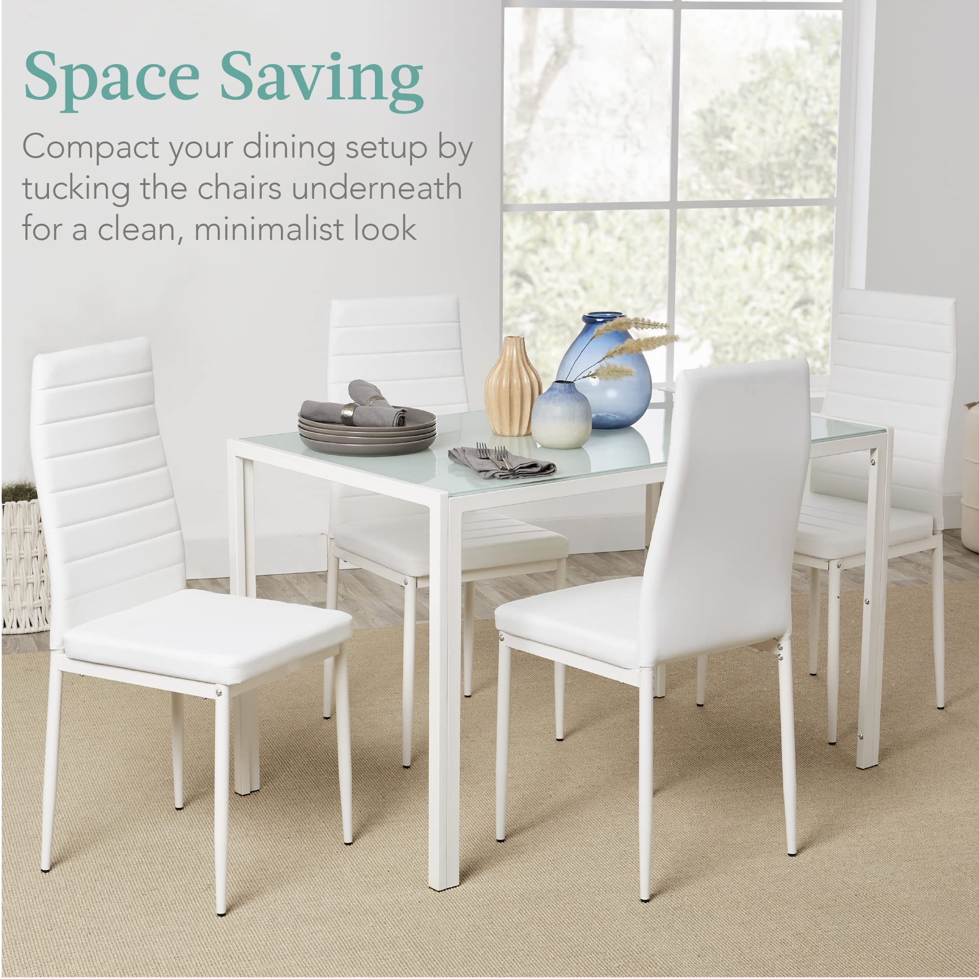 Best Choice Products 5-Piece Kitchen Dining Table Set for Dining Room, Kitchen, Dinette, Compact Space w/Glass Tabletop, 4 Faux Leather Metal Frame Chairs - White