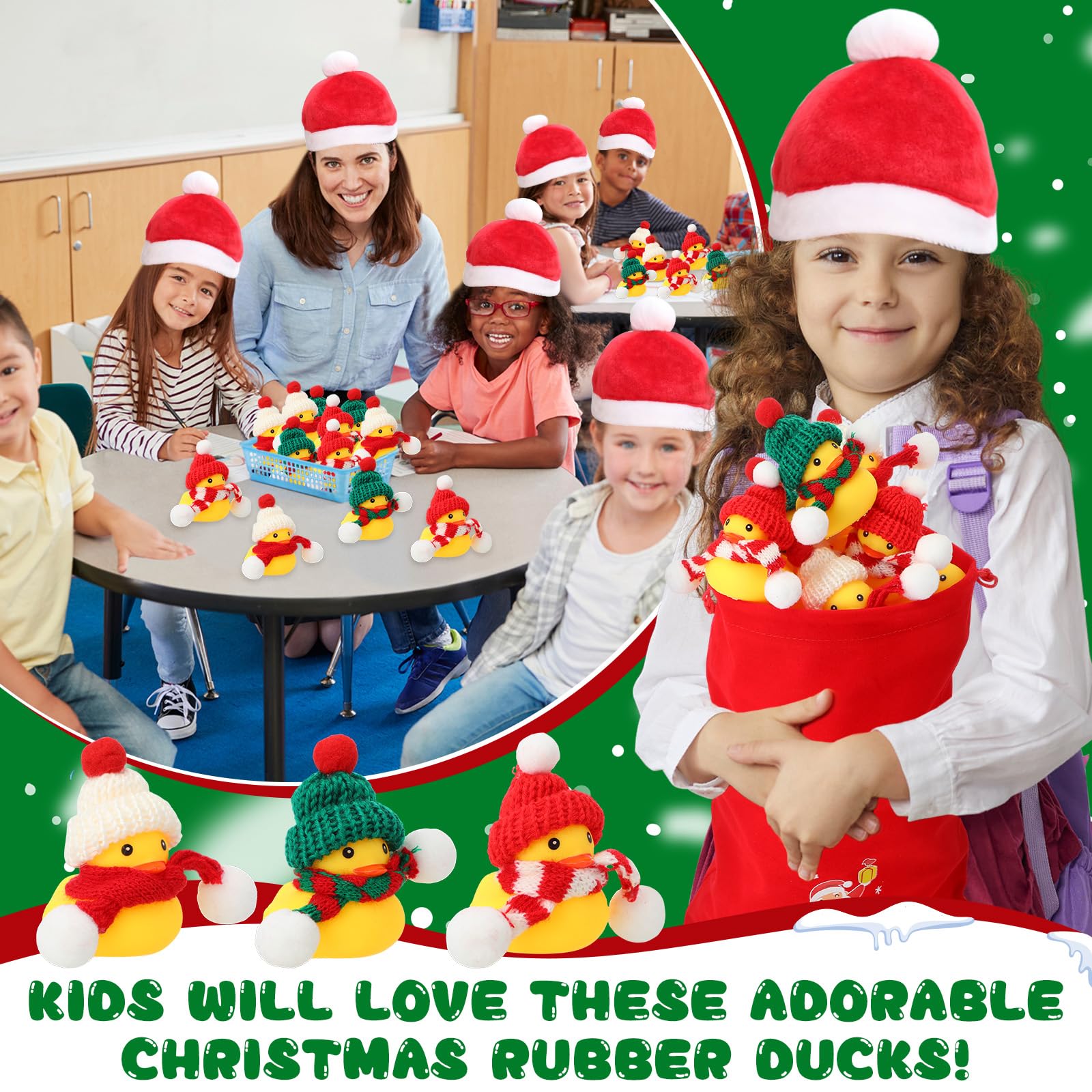48 Pcs Christmas Rubber Ducks 2 Inch Mini Christmas Ducks Bath Toys Xmas Party Decorations Holiday Rubber Ducks with Drawstring Gift Bag for Boy Girl Holiday Class Prizes(Assorted Style)