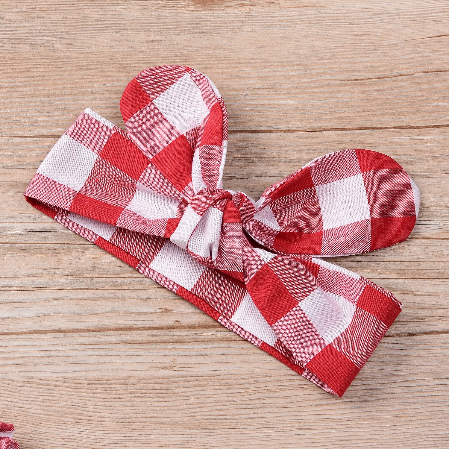 IWOKA Baby Girls Plaid Ruffle Bowknot Tank Top+Denim Shorts Outfit with Headband (70(0-6M), Red)