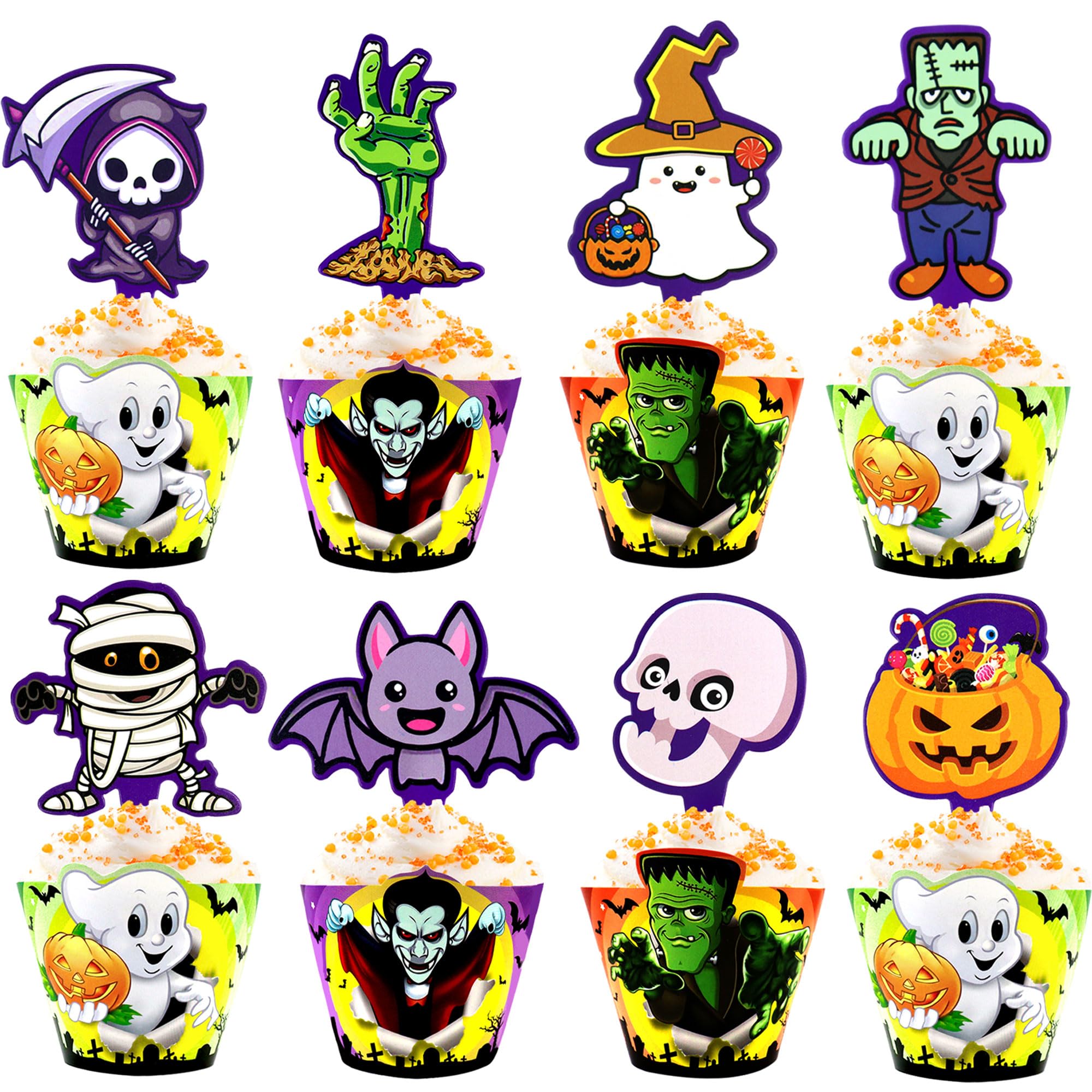 80 Pcs Halloween Cupcake Toppers Cupcake Liners Pumpkin 40 Pcs Cupcake Wrapper and 40 Pcs Cupcake Toppers muffin Case Trays for Halloween, Birthday, Decoration Party Supply (bite me)