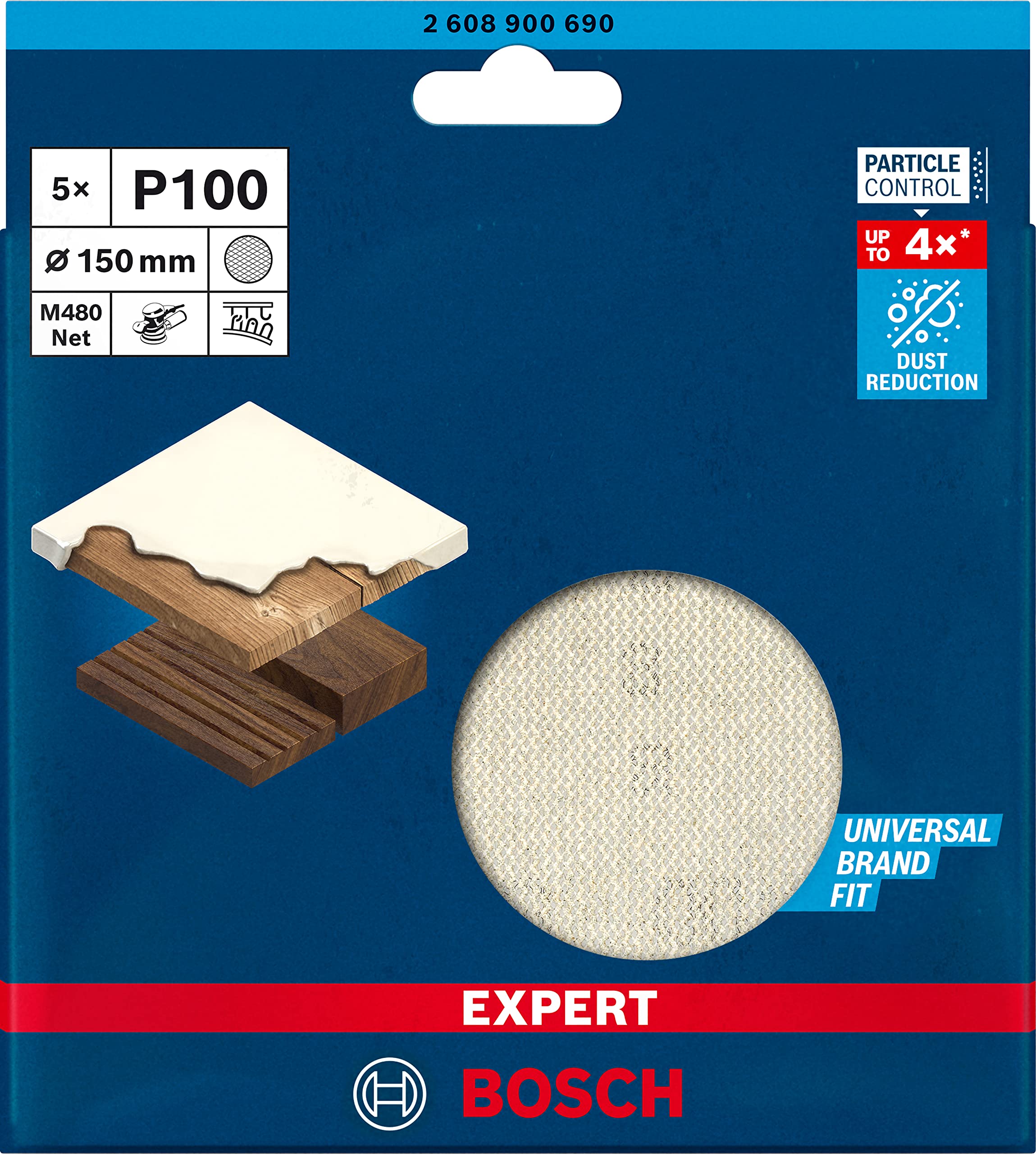 Bosch Professional 5X Expert M480 Sanding Net (for Hardwood, Paint on Wood, Ø 150 mm, Grit 100, Accessories Random Orbital Sander)