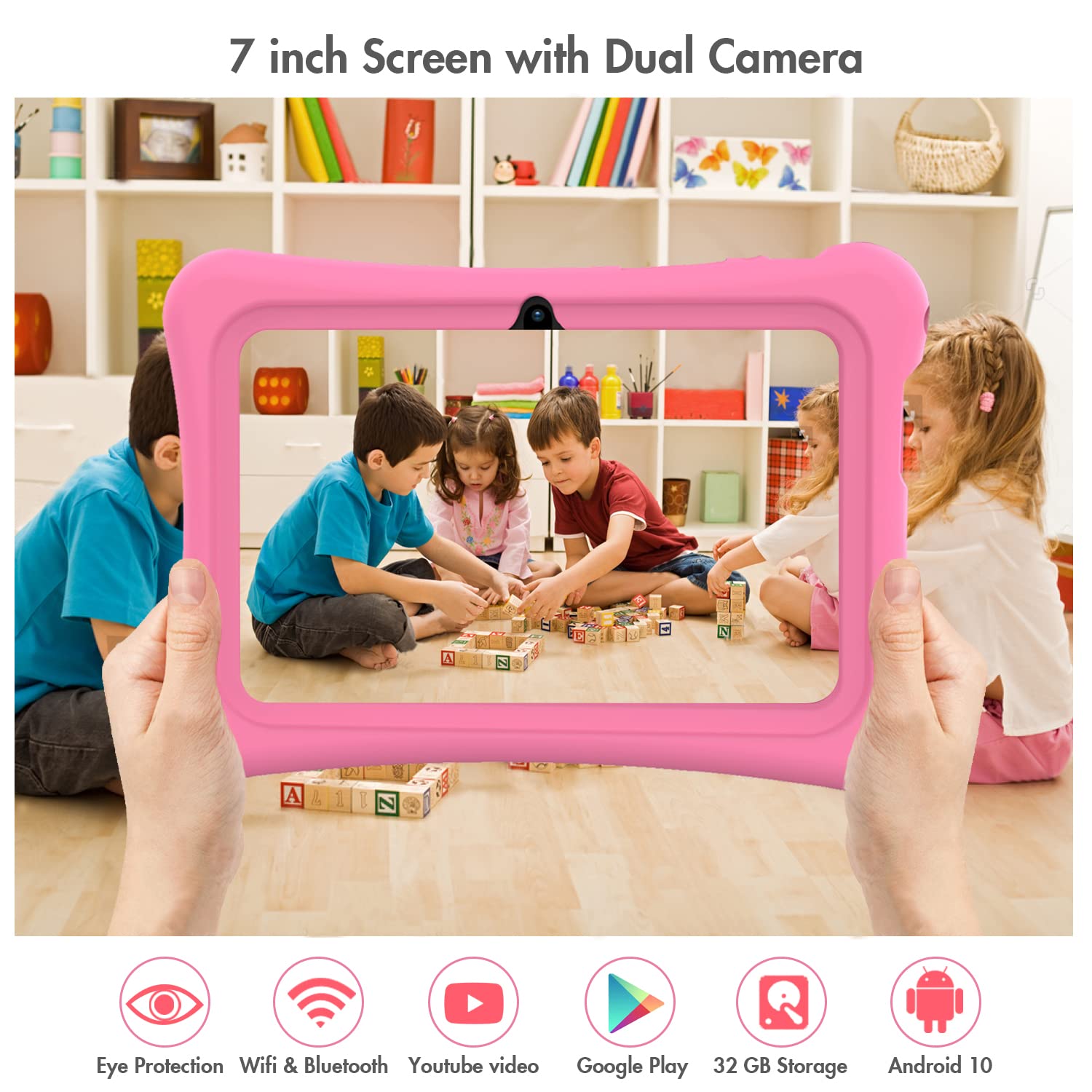 7 inch Kids Tablet 32GB Parental Control,2GB Tablet for Toddlers Quad Core Android 11,Pre-Installed with Kids-Tablet Case,Dual Camera,1024 x 600 Touch Screen,Bluetooth WiFi YouTube Netflix for Girls