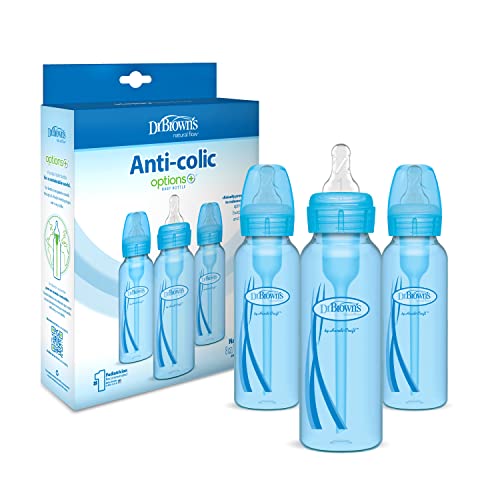 Dr. Brown’s Natural Flow® Anti-Colic Options+™ Narrow Baby Bottles 8 oz/250 mL, with Level 1 Slow Flow Nipple, 3 Pack, 0m+ Blue