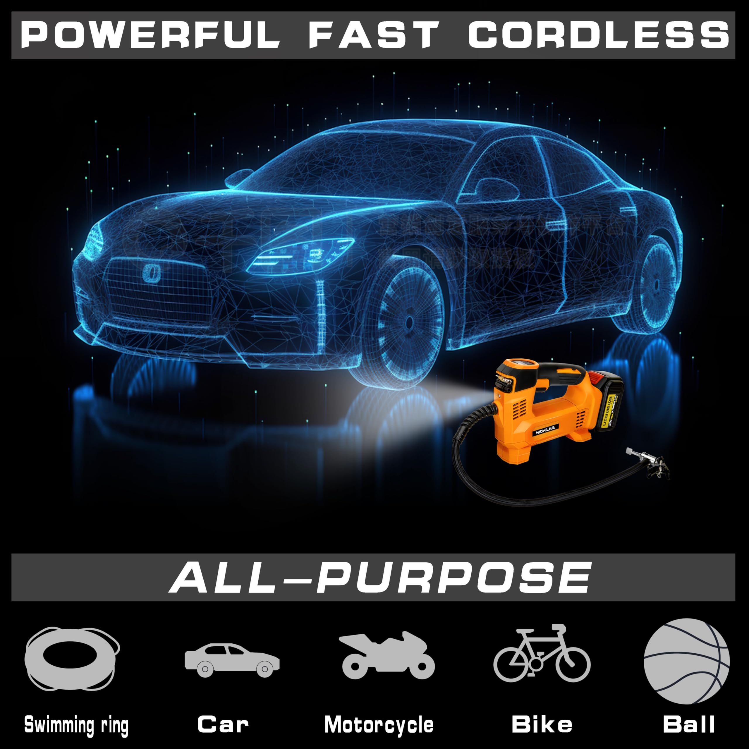 Nichilas Tire Inflator for Milwaukee M18 Battery Auto Portable Air Compressor Pump with LCD Screen Fixed Value Setting for Car, Motorcycles, Bikes, Balls (No Battery)