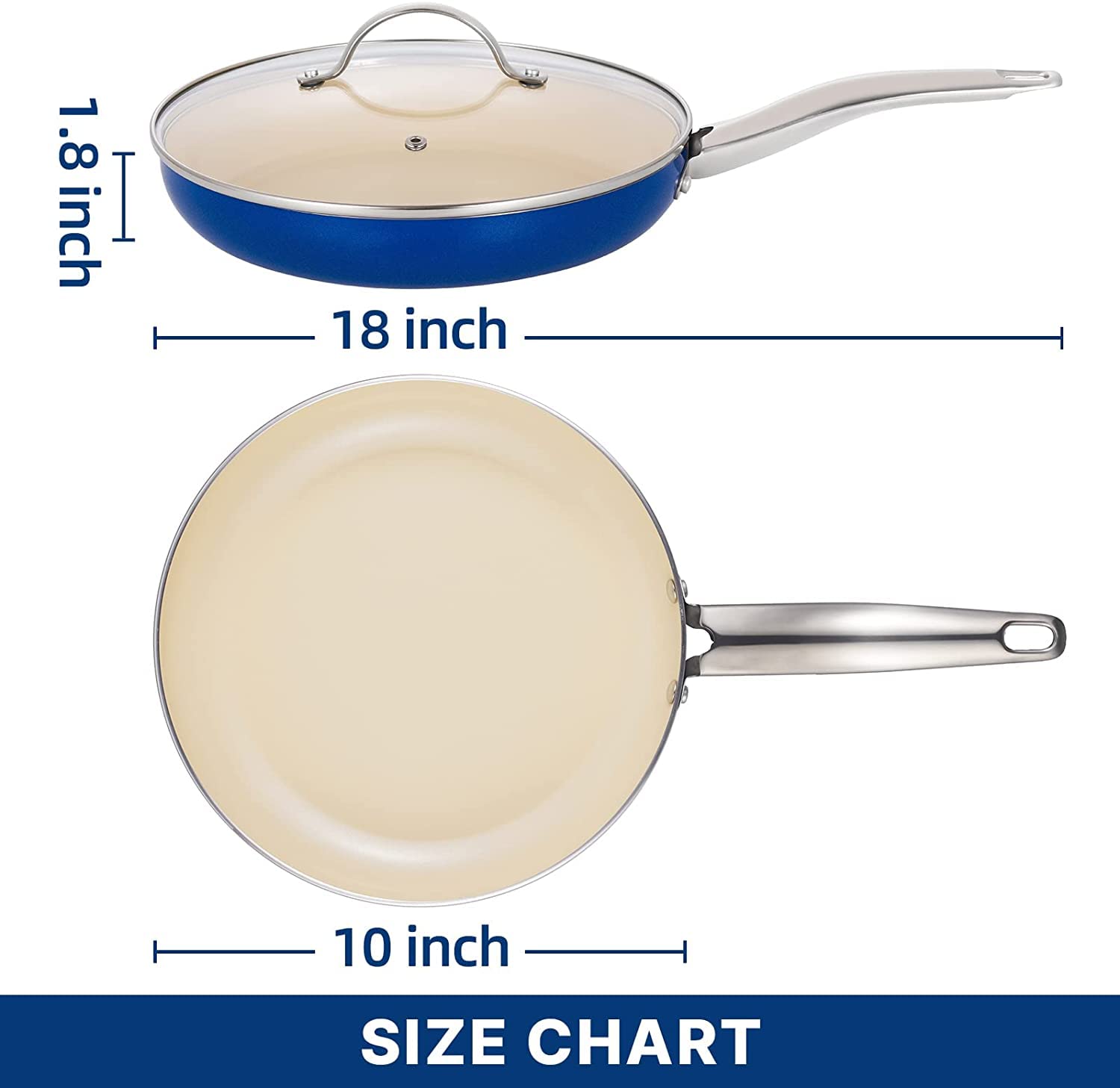 Qstar 10 inch Ceramic Nonstick Frying Saute Pan in Sapphire Blue with Lid and Stainless Steel Handle