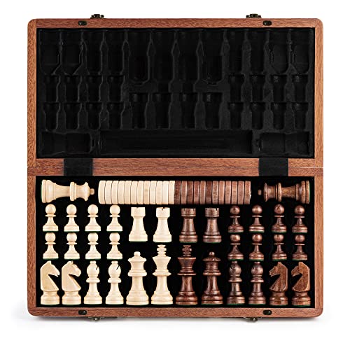 A&A 15 inch Wooden Folding Chess & Checkers Set w/ 3 inch King Height Staunton Chess Pieces - Mahogany Box w/Mahogany & Maple Inlay