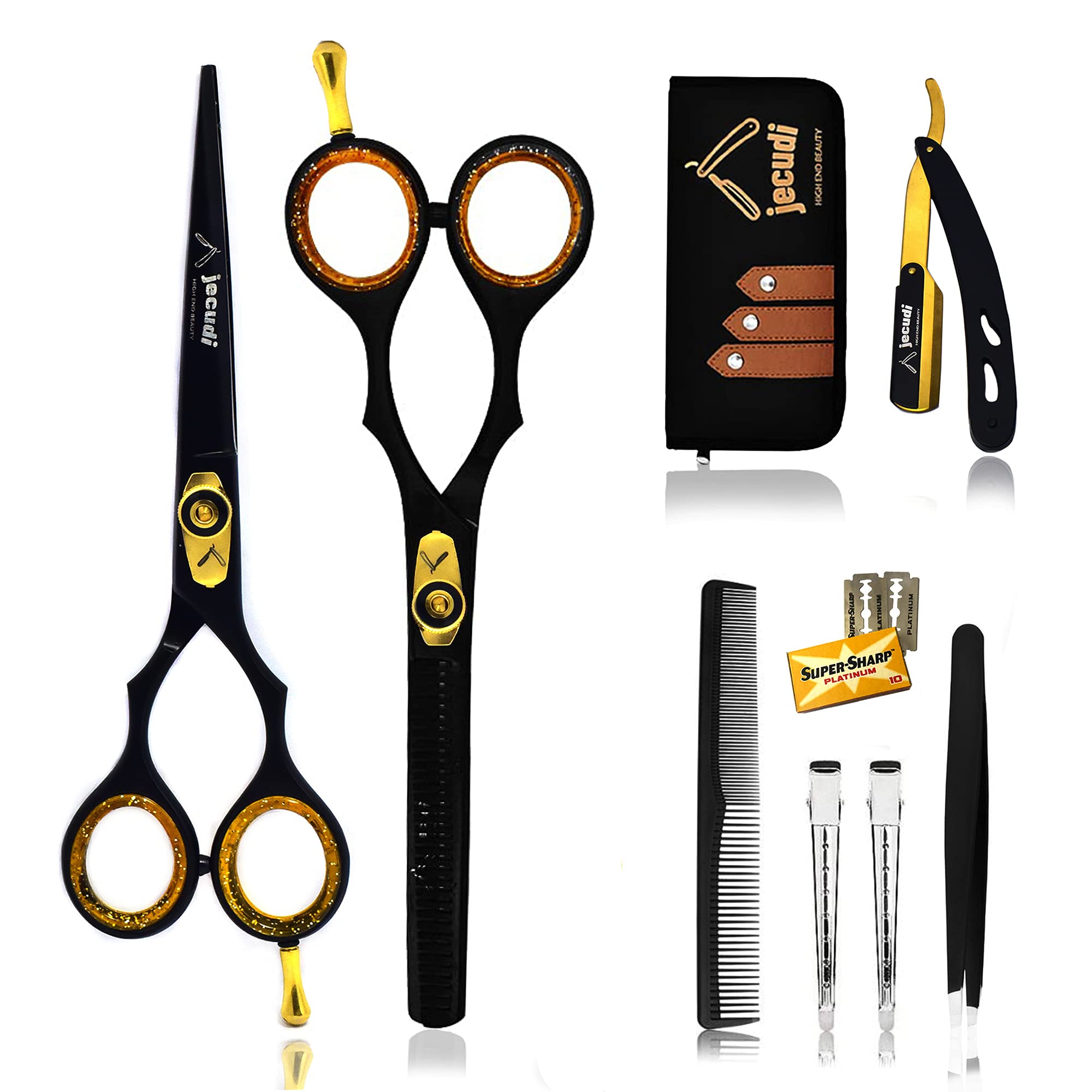 Jecudi Professional Hair Cutting Scissors Set - Handmade Japanese Stainless Steel, Includes Barber Scissors, Hair Shears, Tweezers, Razor, 10 Blades, Comb, 2 Hair Clips & Cleaning Cloth.