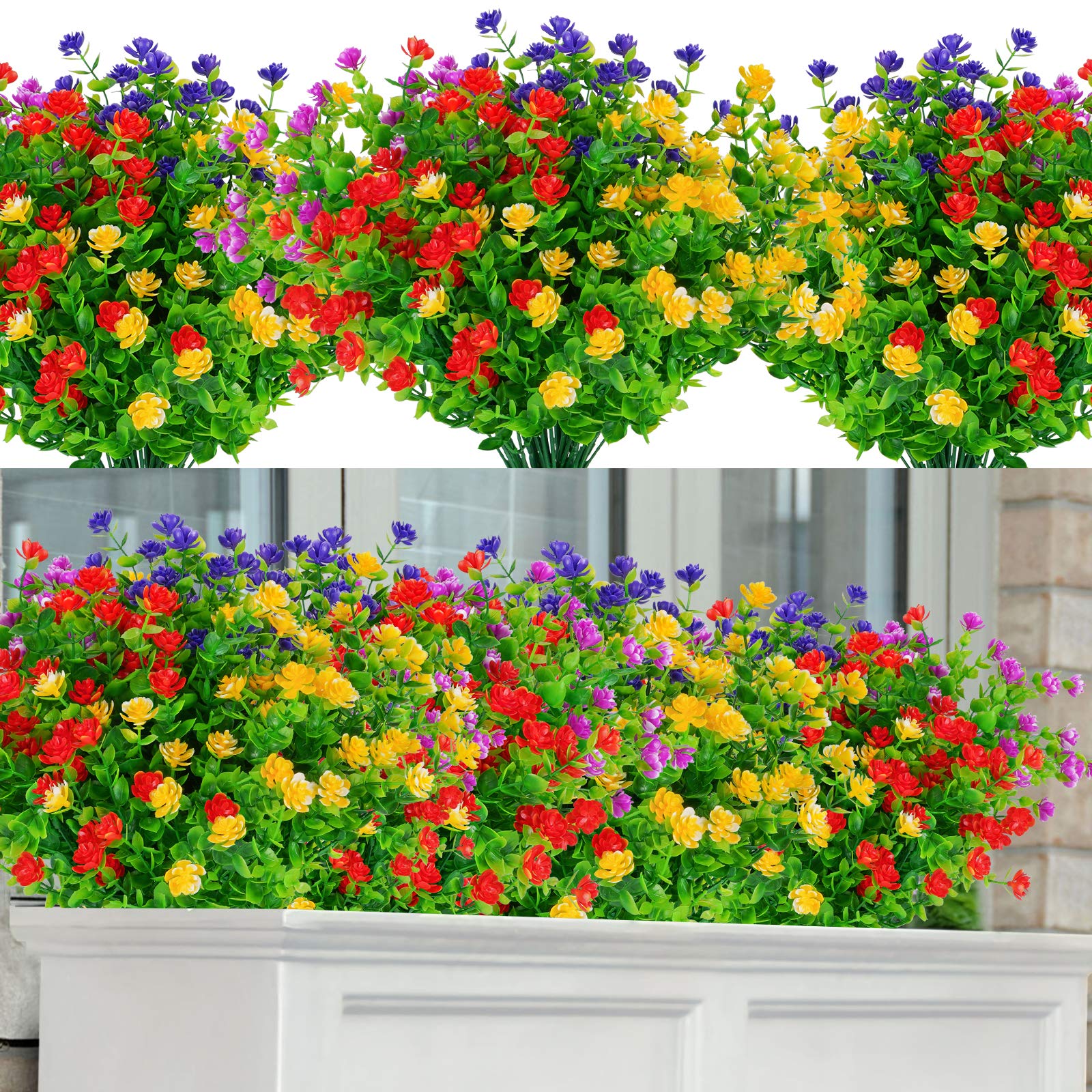 Dolicer 8 Bundles Artificial Flowers for Outdoors, Fake Outdoor Fake Flowers for Outdoor Planters, Artificial Shrubs, Fake Mums, Outdoor Flowers UV Resistant for Front Porch Wedding Table Decor, Mixed