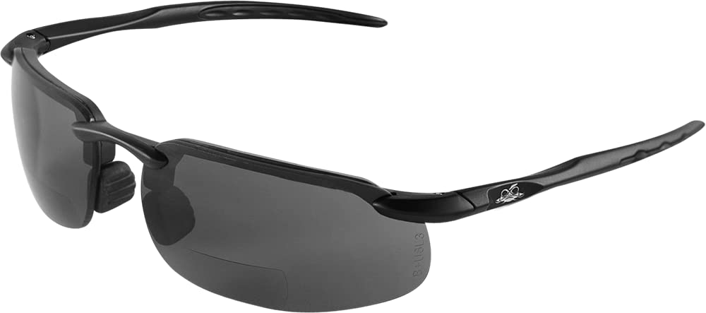 Bullhead Safety Swordfish Bifocal Safety Glasses, 1.5 Diopter, ANSI Z87, Reader Glasses With UV Light Protection And Anti-Scratch Coating, Smoke Lenses, Matte Black Frame