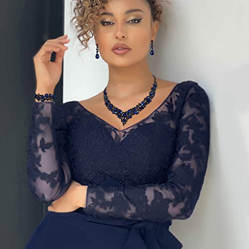 BriLove Wedding Bridal Jewelery for Women Austrian Crystal Teardrop Cluster Statement Necklace Dangle Earrings Link Bracelet Set Navy Blue Sapphire Color Black-Silver-Tone