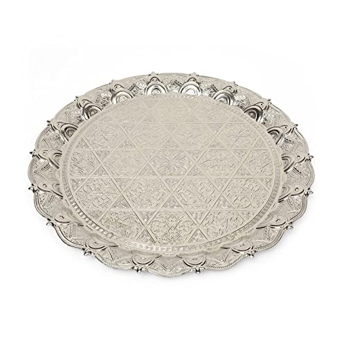Alisveristime Turkish Ottoman Coffee Tea Beverage Serving Zamac Tray (34cm - 13,38inch) (750 Gram - 1,65 pounds) (Silver)