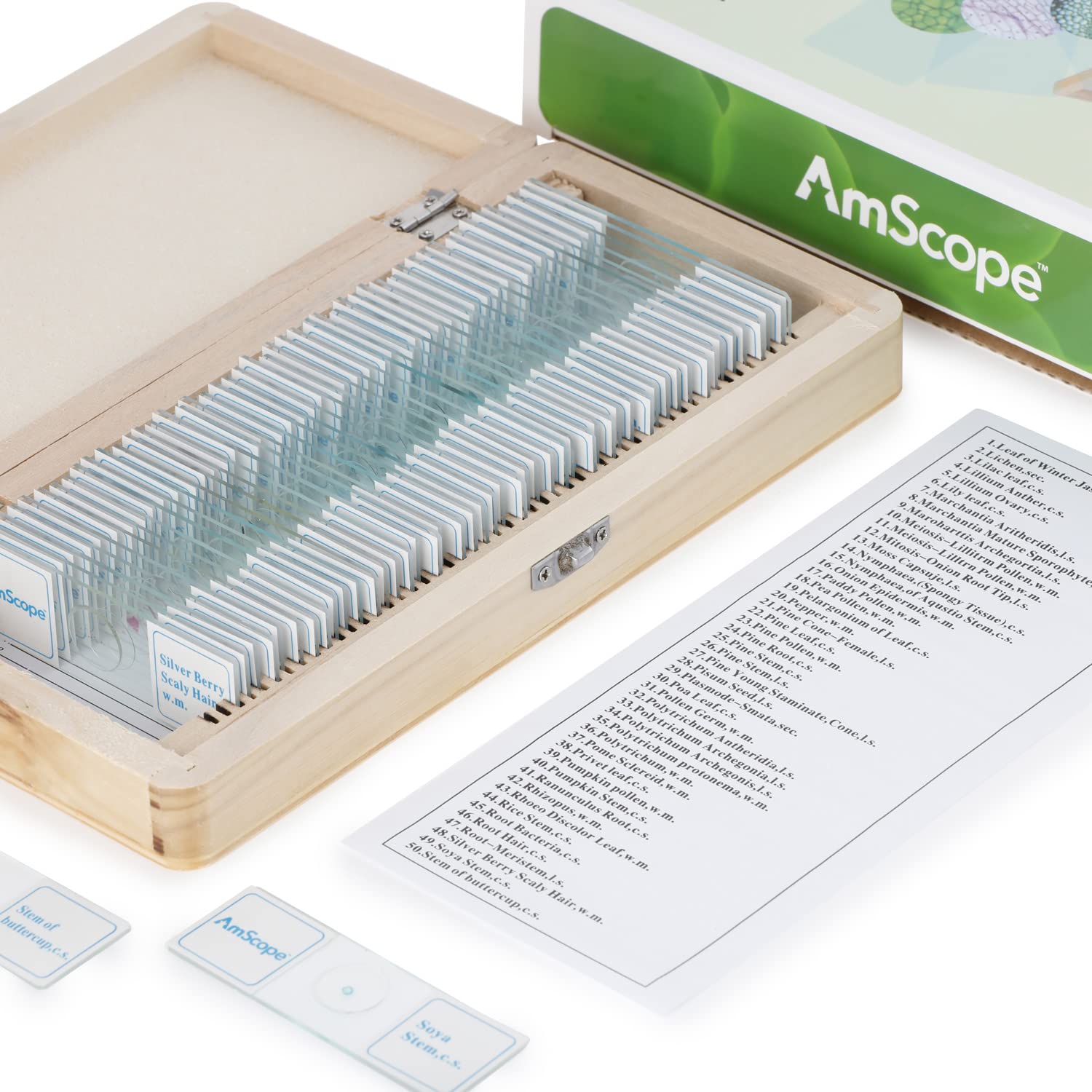 AmScope - 50pc Prepared Glass Microscope Botany Slide Specimens with Wooden Case - PS50W-BTN