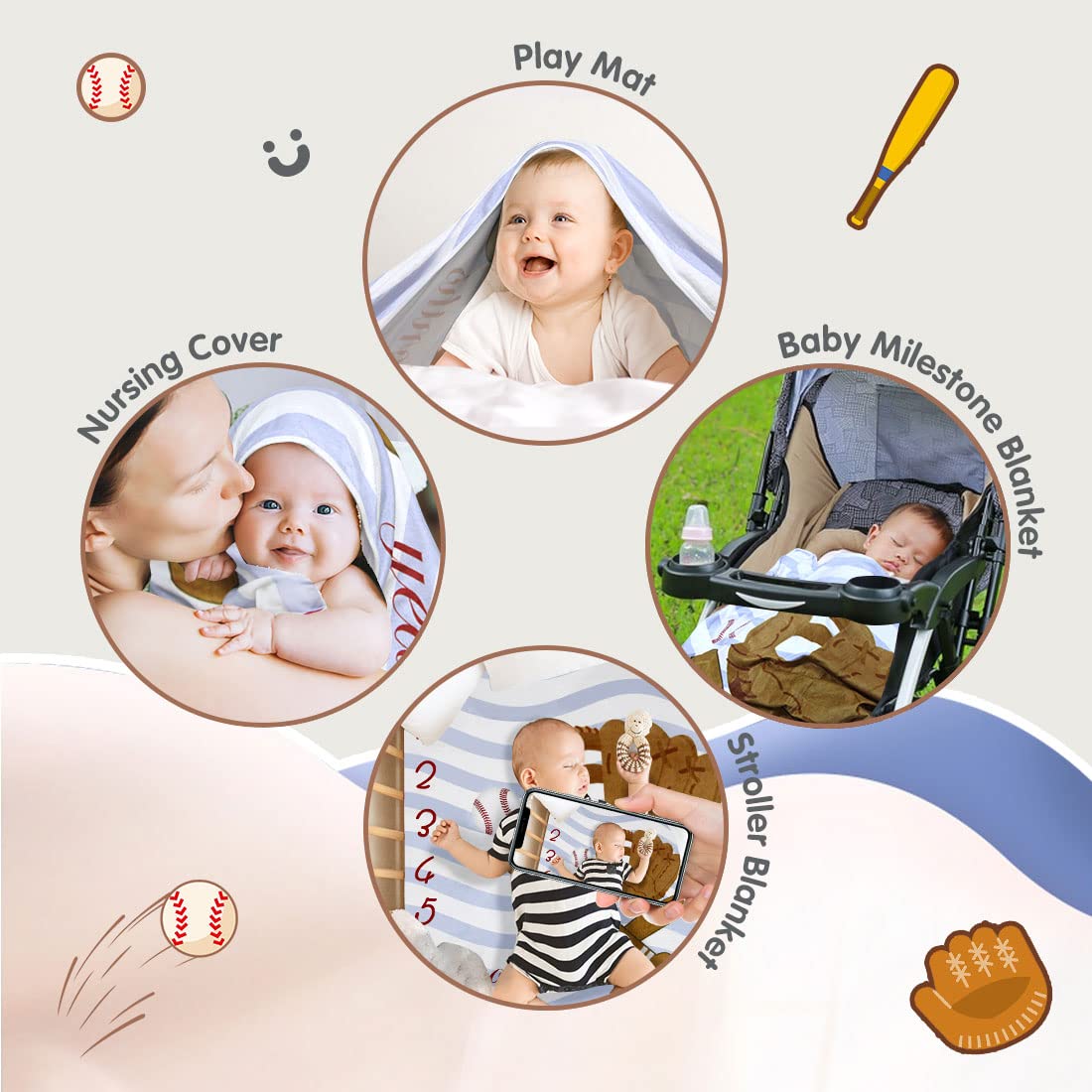 Homegician Baby Cotton Swaddle Blanket, Baseball Design, 40x50 Inch, Includes Props, Marker, and Birth Announcement Cards, Unisex