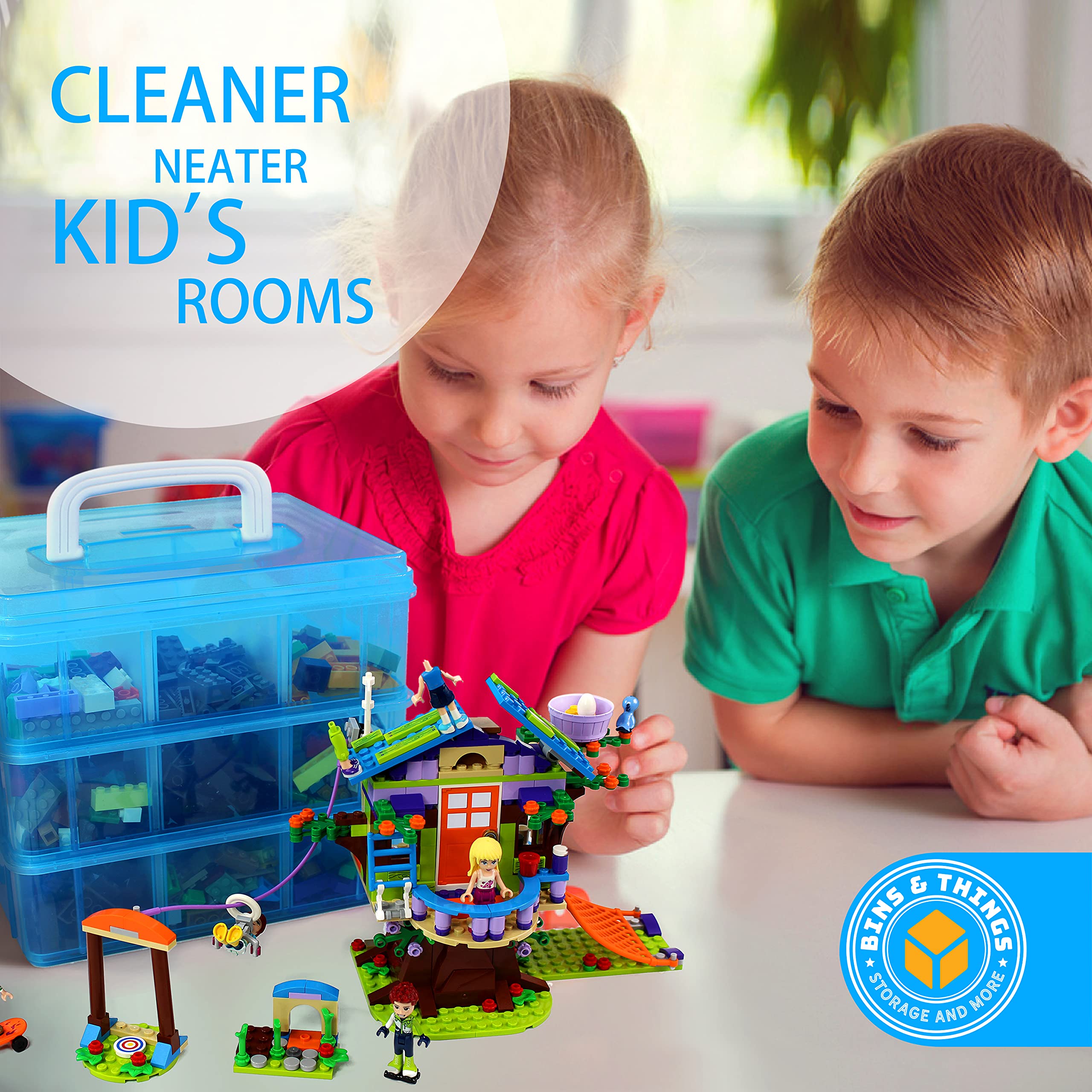 Bins & Things Stackable Toys Organizer Storage Case Compatible with BeyBlade, Hot Wheels, Lego Dimentions or Mini Toy Action Figures - Portable Adjustable Box w/Carrying Handle, Calico Critter