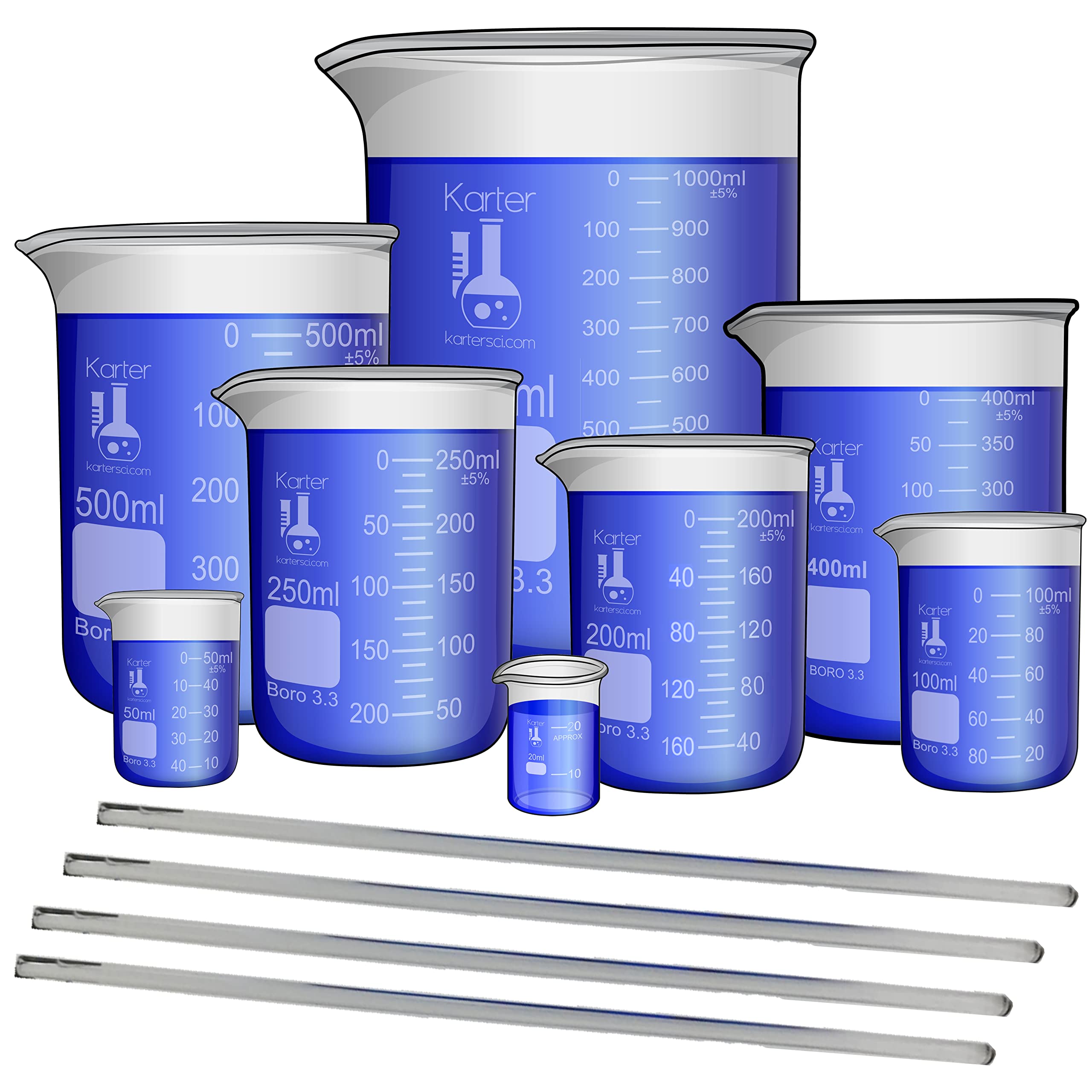 8pcs Glass Graduated Beaker Set 20, 50, 100, 200, 250, 400, 500, 1000ml, Glass Measuring Beakers with 4 Stirring Rods