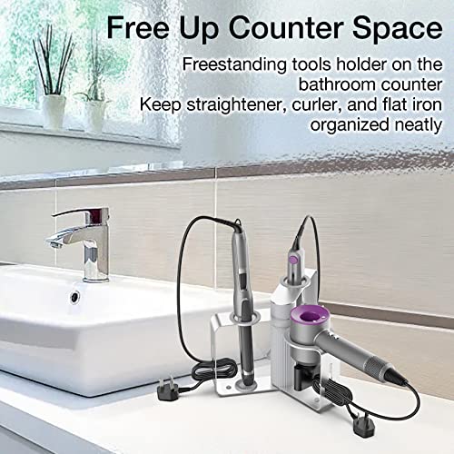 GREENTEC Foldable Hair Dryer Holder, 3 in 1 Hairstyling Tools Organizer, Curing Wand Stand, Heat Resistant Organizer for Flat Iron, Stainless Steel Holder for Bathroom, Cabinet, Salon Station