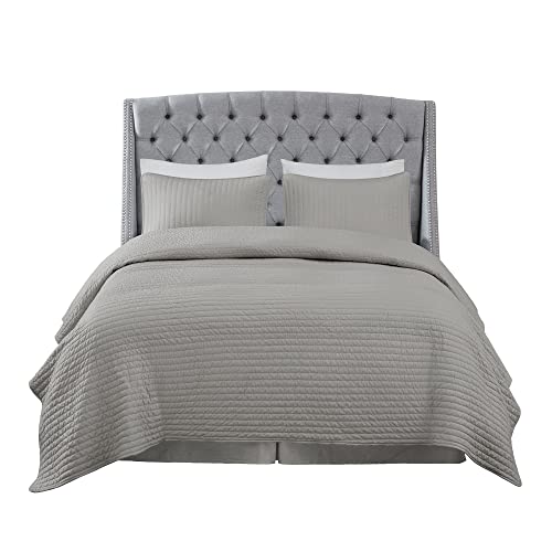 Madison Park Harper Upholstered Nail Head Trim Wingback Button Tufted Headboard Modern Contemporary Metal Legs Padded Bedroom Décor Accent, King Grey