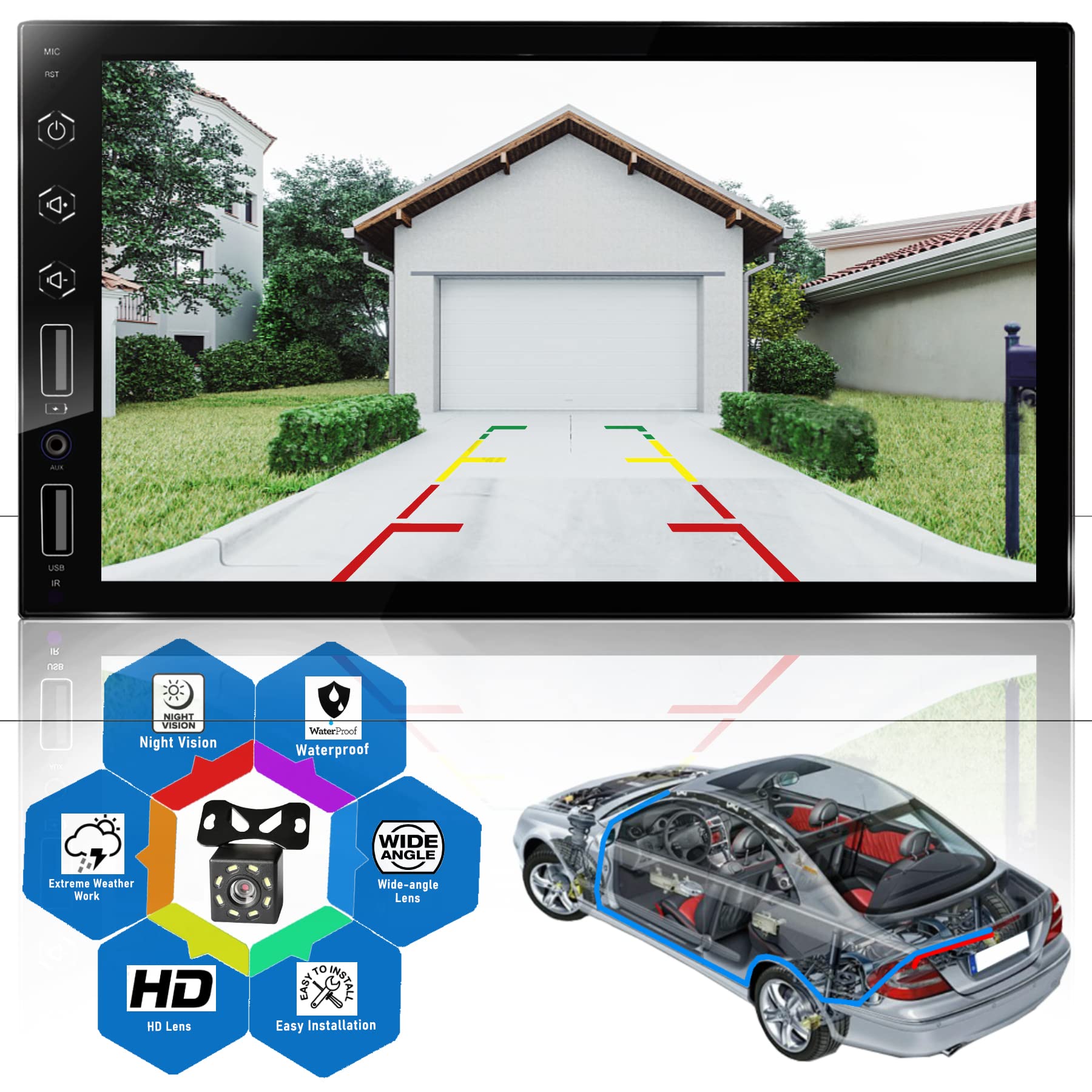 7 Inch Touch Screen Double Din Car Stereo with Bluetooth 5.1, Android Auto, Apple CarPlay, Backup Camera, Subwoofer, FM Radio, Mirror Link