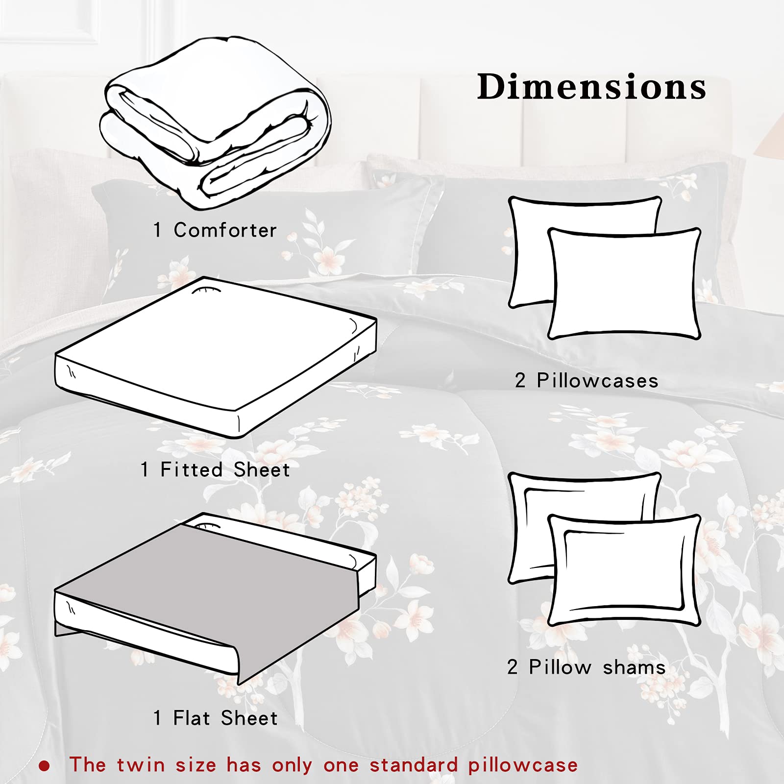 7 Pieces Bed in a Bag Queen Comforter Set with Sheets, Dark Grey Floral Design Soft Microfiber Bedding Sets for All Season (1 Comforter, 2 Pillow Shams, 1 Flat Sheet, 1 Fitted Sheet, 2 Pillowcases)