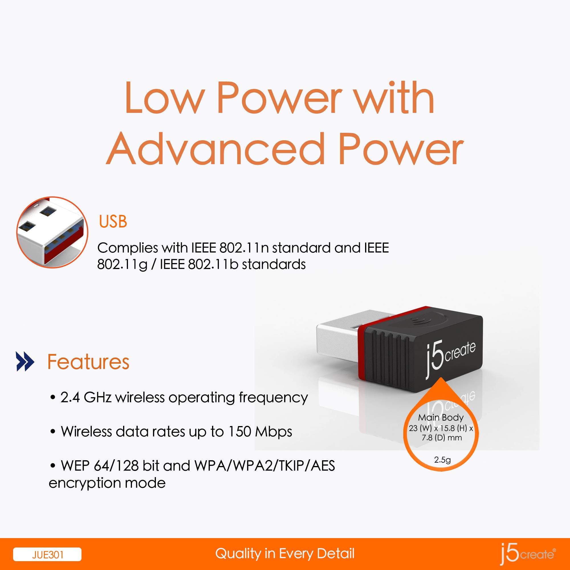 j5create Wireless 11N USB Mini Adapter -Data Transfer up to 150 Mbps | 2.4 GHz, Complies with IEEE 802.11n / IEEE 802.11g / IEEE 802.11b | Compatible with Windows