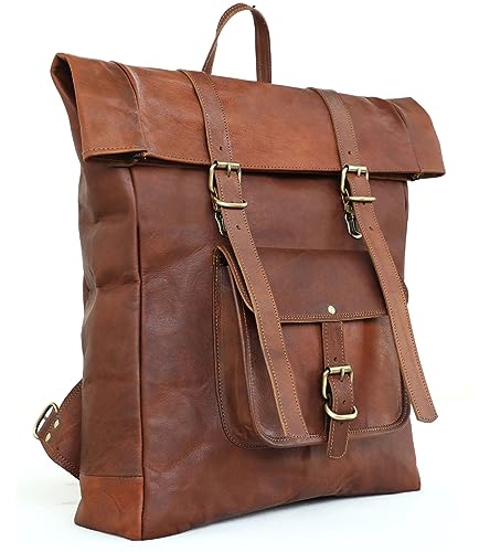 ANUENT Roll Top Leather Backpack for Men and Women Vintage Brown Large Laptop and Travel Bag Best Rucksack for Work, Adventure, and Business Leather Bookbag