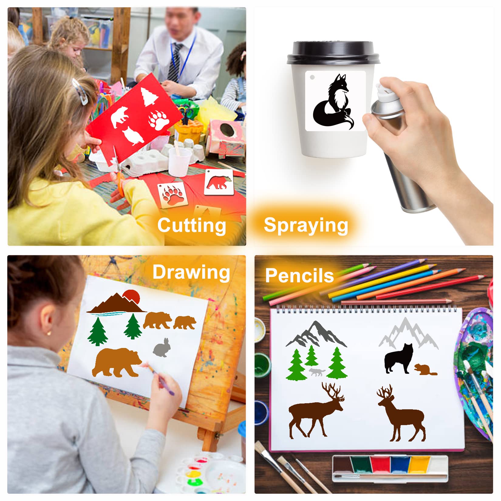 65 Pieces Animal Stencils for Painting, Small Reusable Deer Bear Stencil Template Tree Bee Bird Mountain DIY Craft Paint Stencils for Painting on Wood Wall Card Rock Decor (Wildlife)