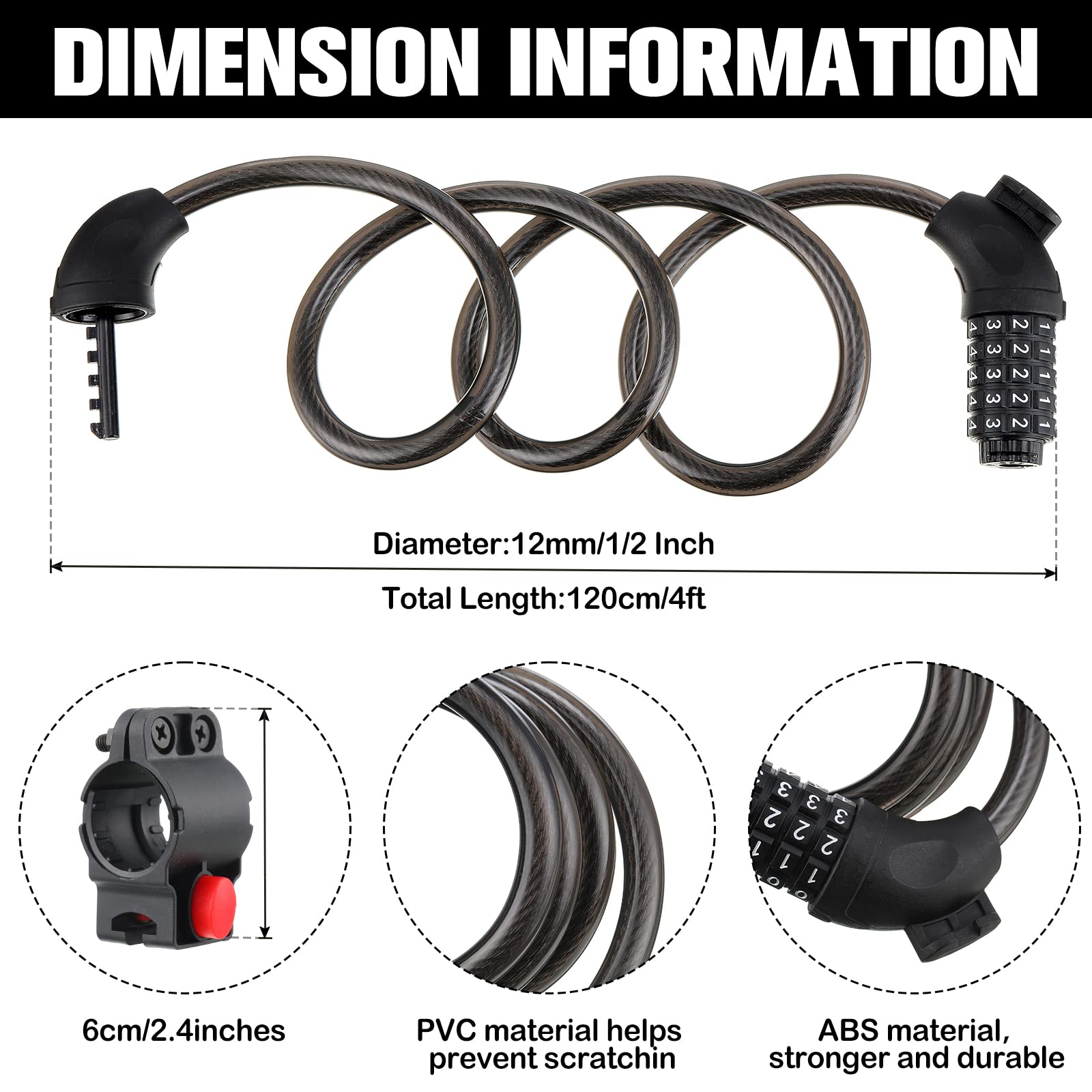 4 Pieces Bike Lock 4 Feet Bike Lock Cable 5 Digit Resettable Combination Code Security Coiling Bicycle Lock 2/5 Inch Diameter with Mounting Bracket for Bicycle Outdoors (Black)
