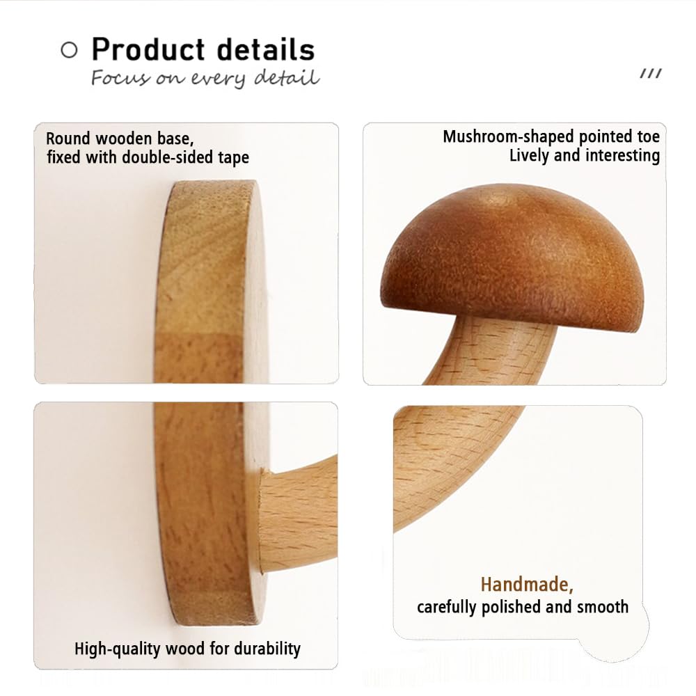 Auntzyj Fun Wooden Mushroom Coat Hook, Non-Perforated Solid Wood Hook,Mushroom Wall Hook Hanger, Kitchen Bathroom Cloakroom Door Towel Hooks (Pack of 4)