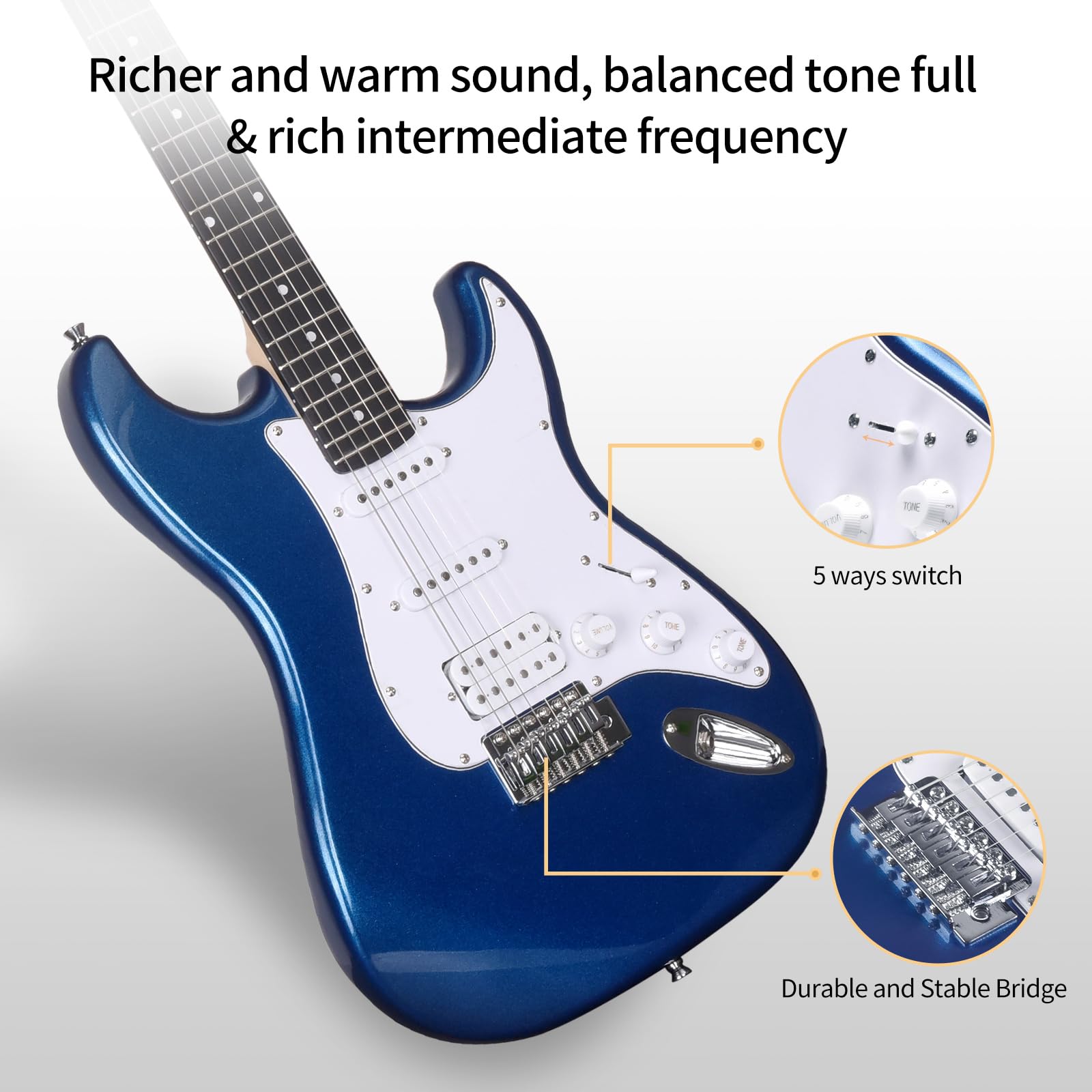 ADM Electric Guitar Beginner Kit 39 Inch Full Size Guitar Package with Amplifier, Bag, Strap, String, Tuner, Cable and Picks, Blue