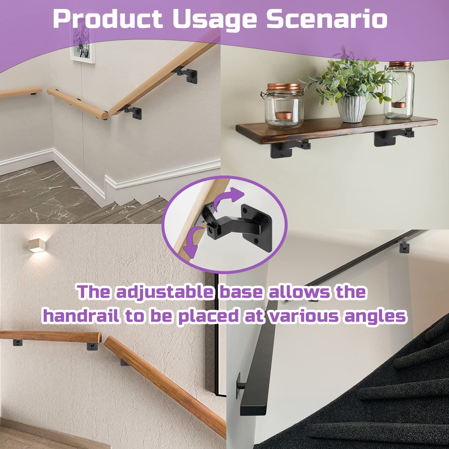 Adjustable Black Handrail Bracket for Indoor Stairs, DIY Wall Mounted Stair Railing Bracket, for Stairs, Corridors111