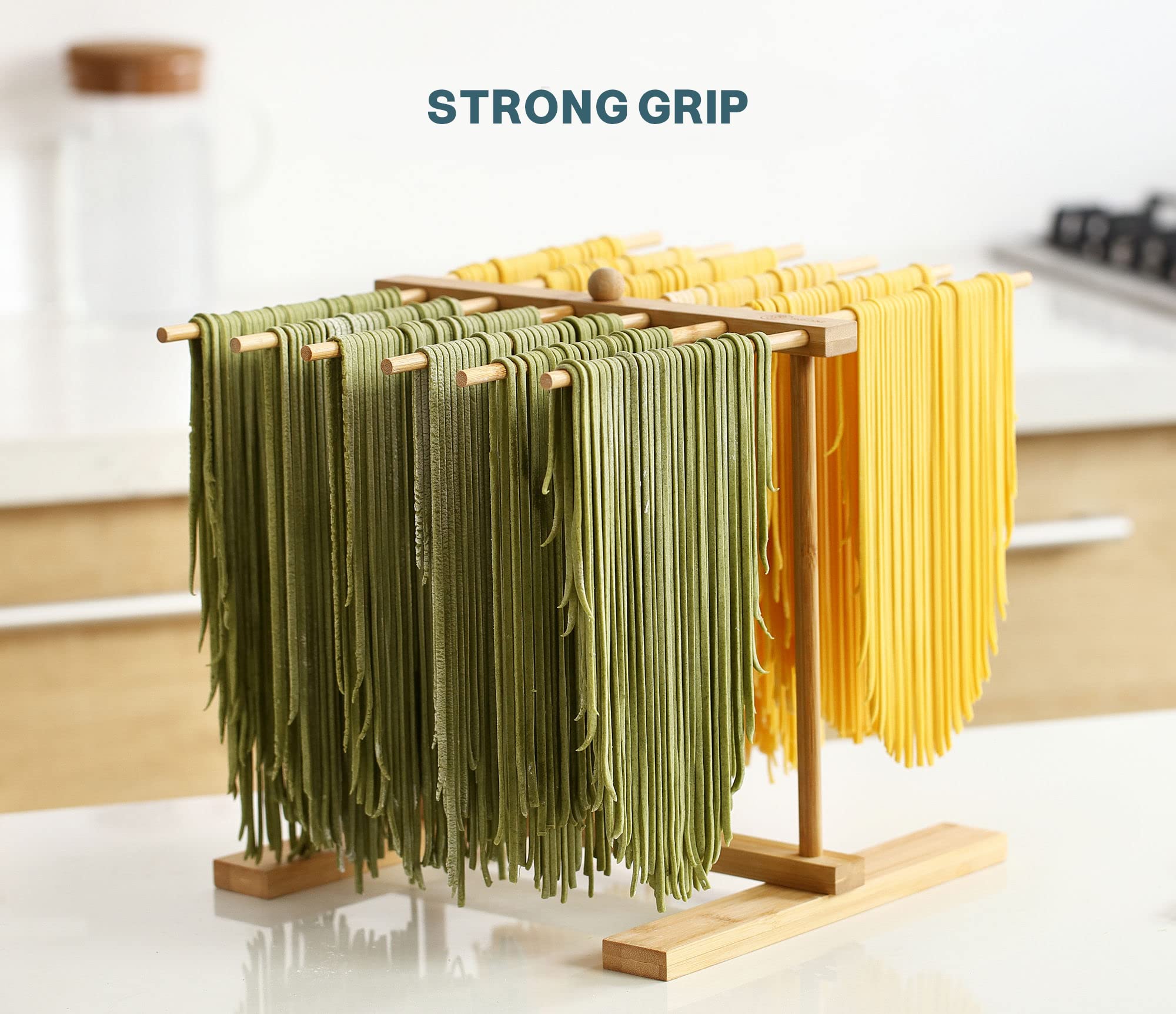 8SOM Bamboo Pasta Drying Rack with Transfer Wand and 12 Bars, Easy to Transfer for Drying Pasta and Cooking, Special Suspension Design for Large Storage