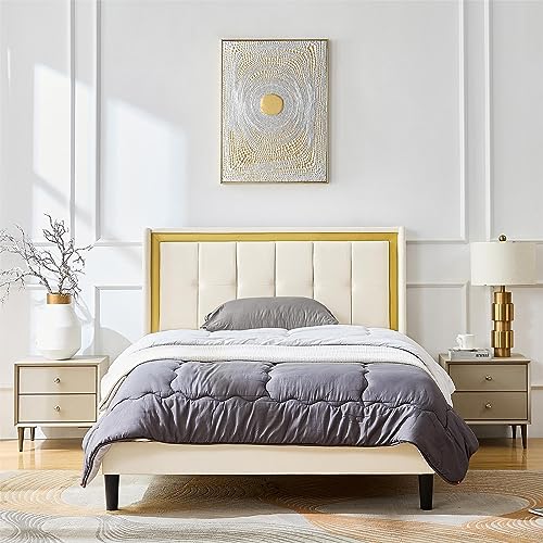 Anwick Queen Bed Frame with Headboard,Modern Upholstered Platform Bed Frame Queen Size with Storage Underneath and Wooden Slat for Living Room,Bedroom Heavy Duty (Queen, Beige)