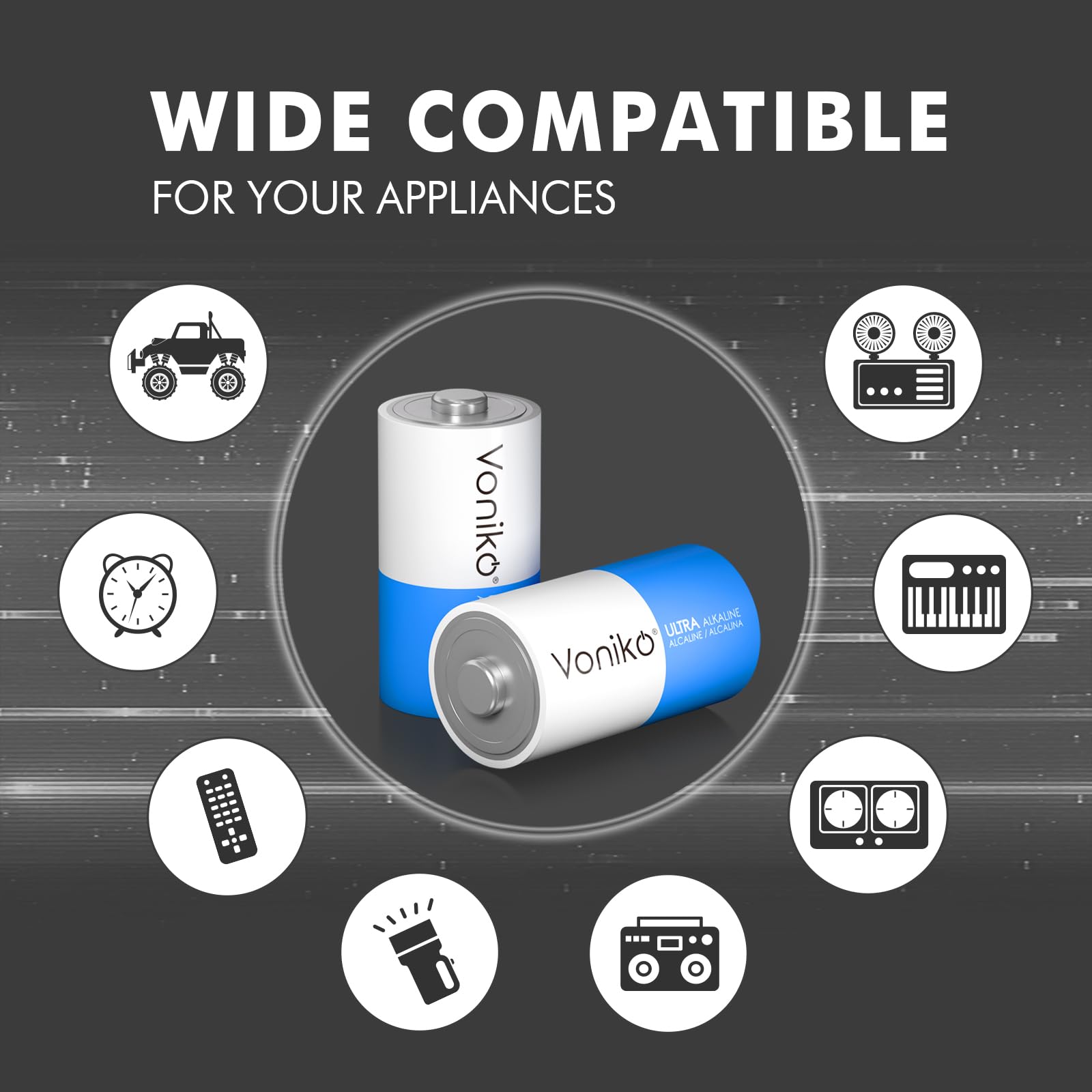 Voniko Ultra Alkaline D Batteries, Batteries D Size 8 Pack, 10-Year Shelf Life and 6-9 Times The Power as Carbon Batteries, Type D Battery 1.5 Volt