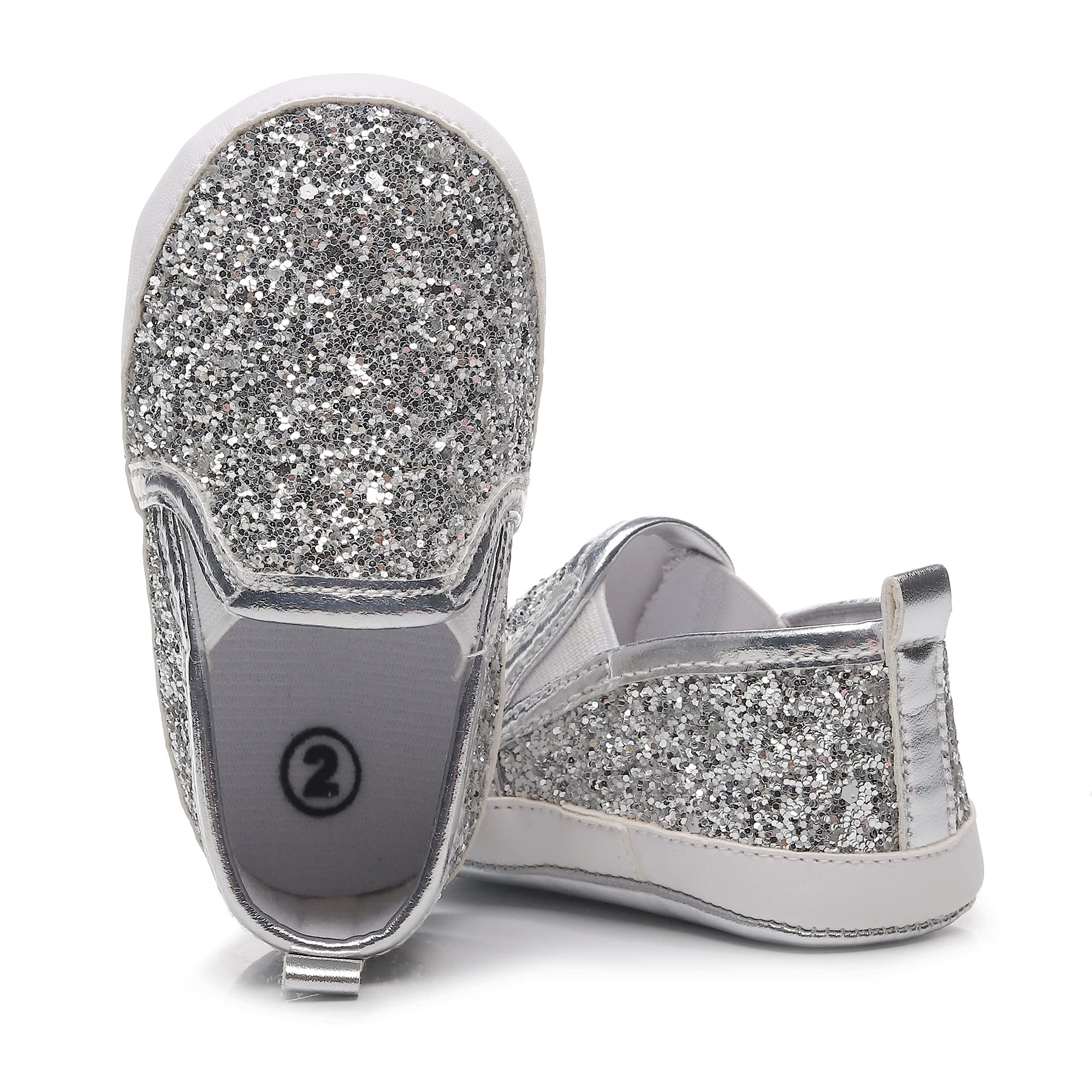 HONGTEYA Baby Shoes Baby Boys Girls Sequins Crib Shoes Baby Moccasins Toddler Leather Caual Sneakers Infant Glitter Shoes - Soft Sole for 0-18 Months Babies First Walking Silver