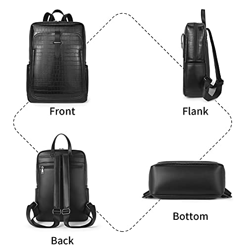BROMEN Leather Laptop Backpack for Women 15.6 inch Computer Backpack Business Travel Professional Work Daypack College Bag Crocodile Grain Black