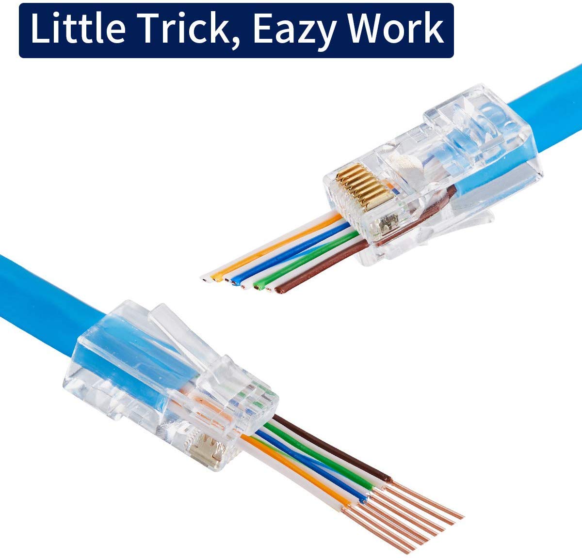 Quilence CAT6 Connectors RJ45 Pass Through Connectors 50pcs 3 Prong Ethernet Gold Plated Network Ends Plug Cable Connectors for 24AWG CAT6 CAT5E Cable